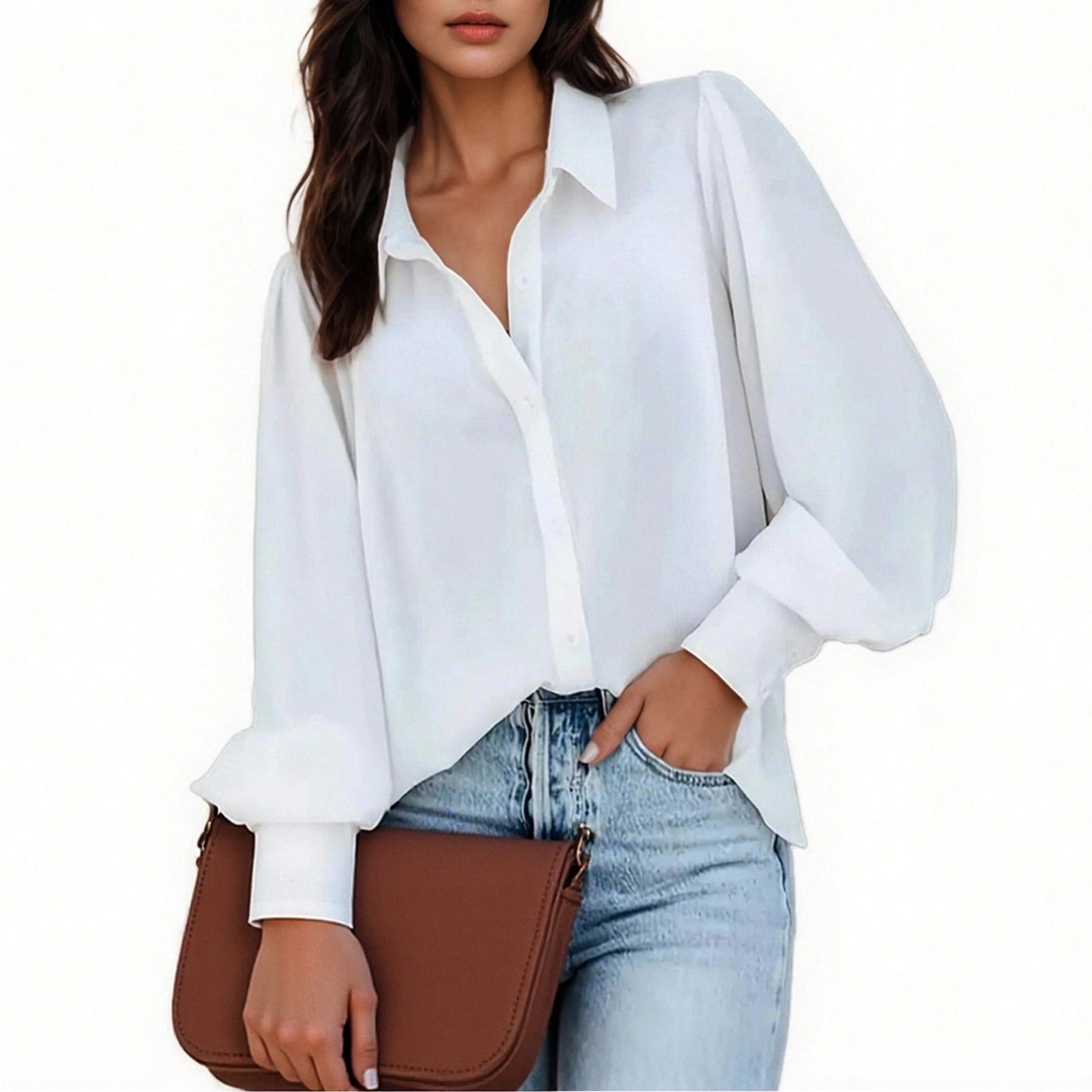 Sakmal Button Down Blouses Women White Fall Shirts Collared Long Sleeve ...