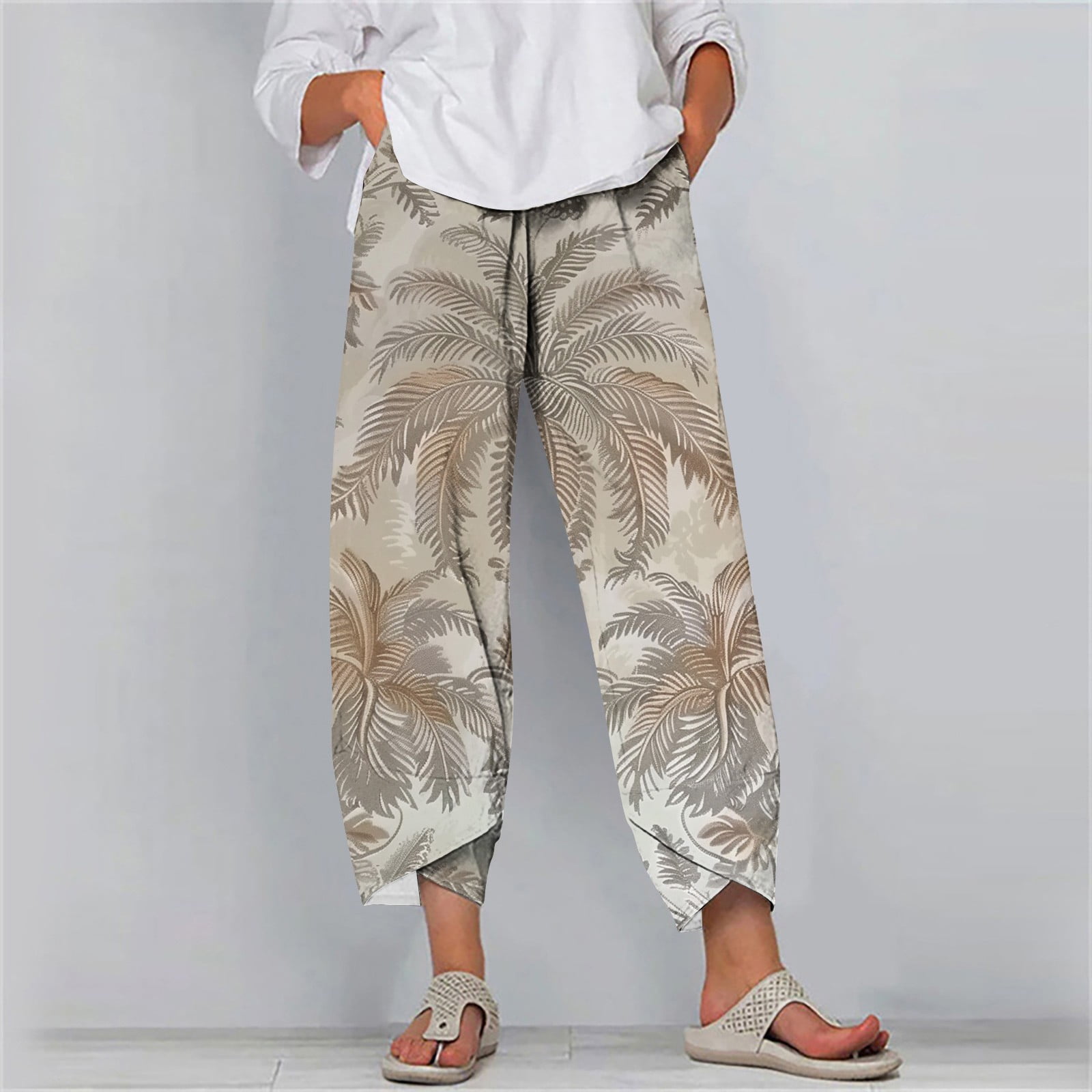 Sakmal Capri Pants for Women Plus Size Tropical Beach Wide Leg Hawaiian ...