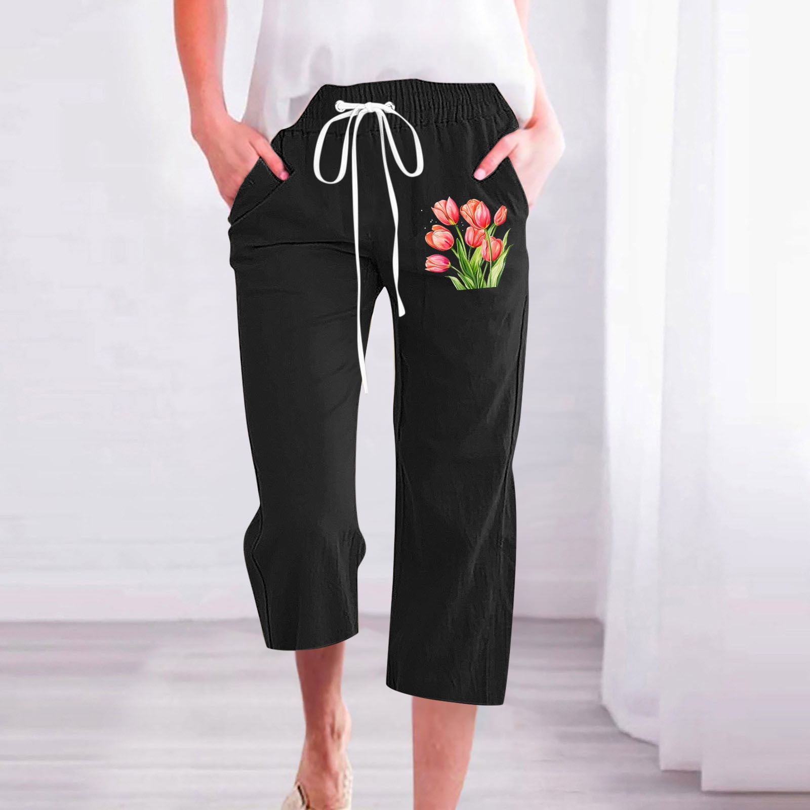 Sakmal Casual Capris for Women Black Work Straight Leg Stretchy Floral ...