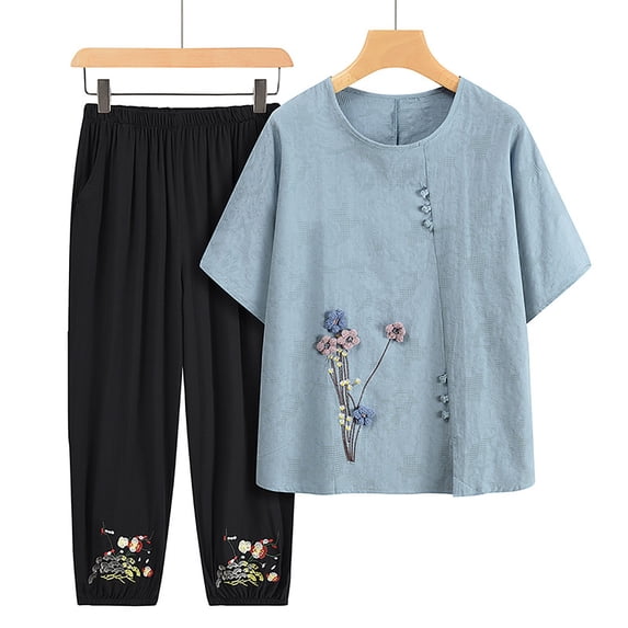 Sakmal Casual Pajamas Sets for Women 2024 Cropped Elbow-Length Blue ...