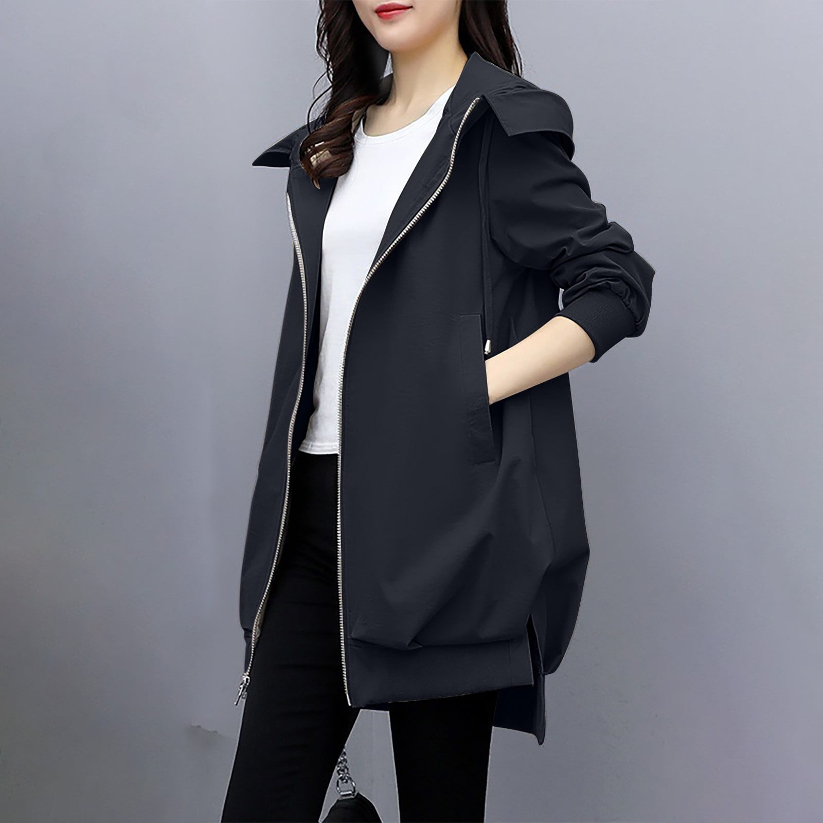 Sakmal Casual Spring Coats for Women Black Long Sleeve with Hoods ...