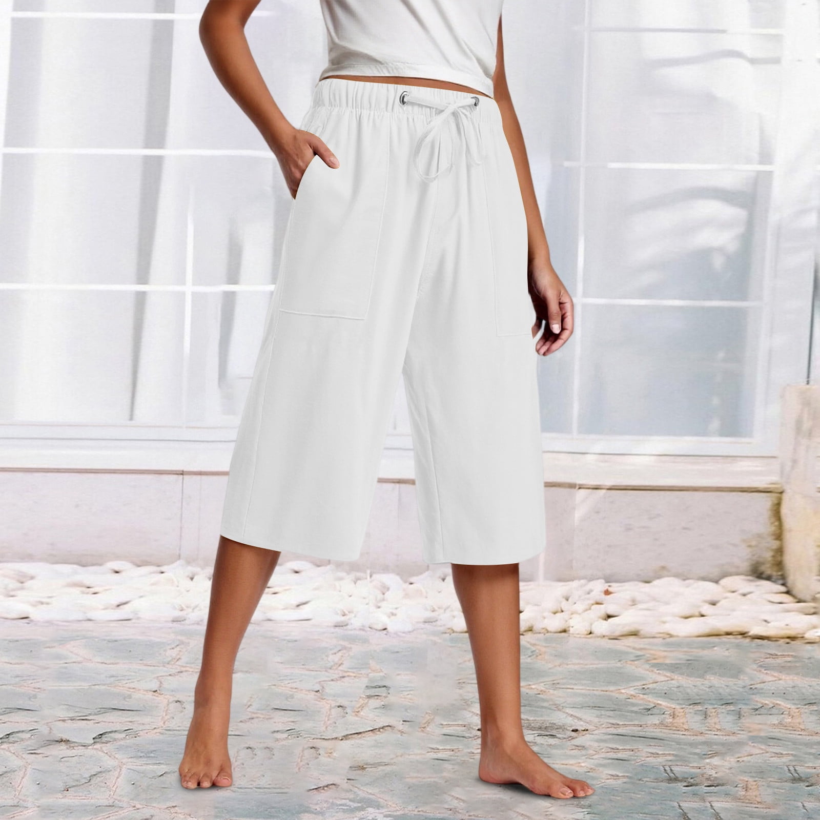Sakmal Cotton Linen Capris for Women Work Wide Leg White Culottes ...