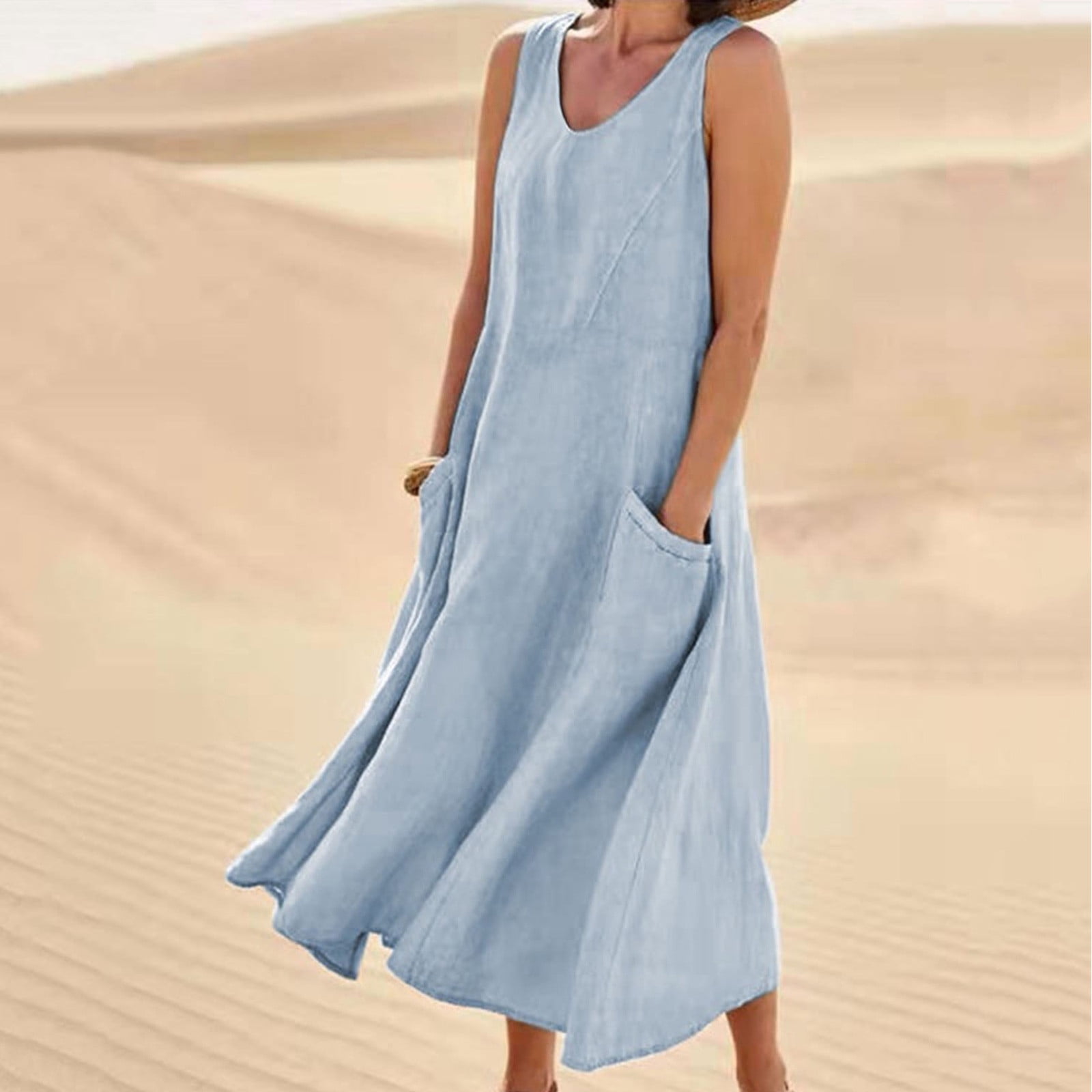 Sakmal Cotton Linen Summer Dresses for Women 2025 Blue Tank Long Dress ...