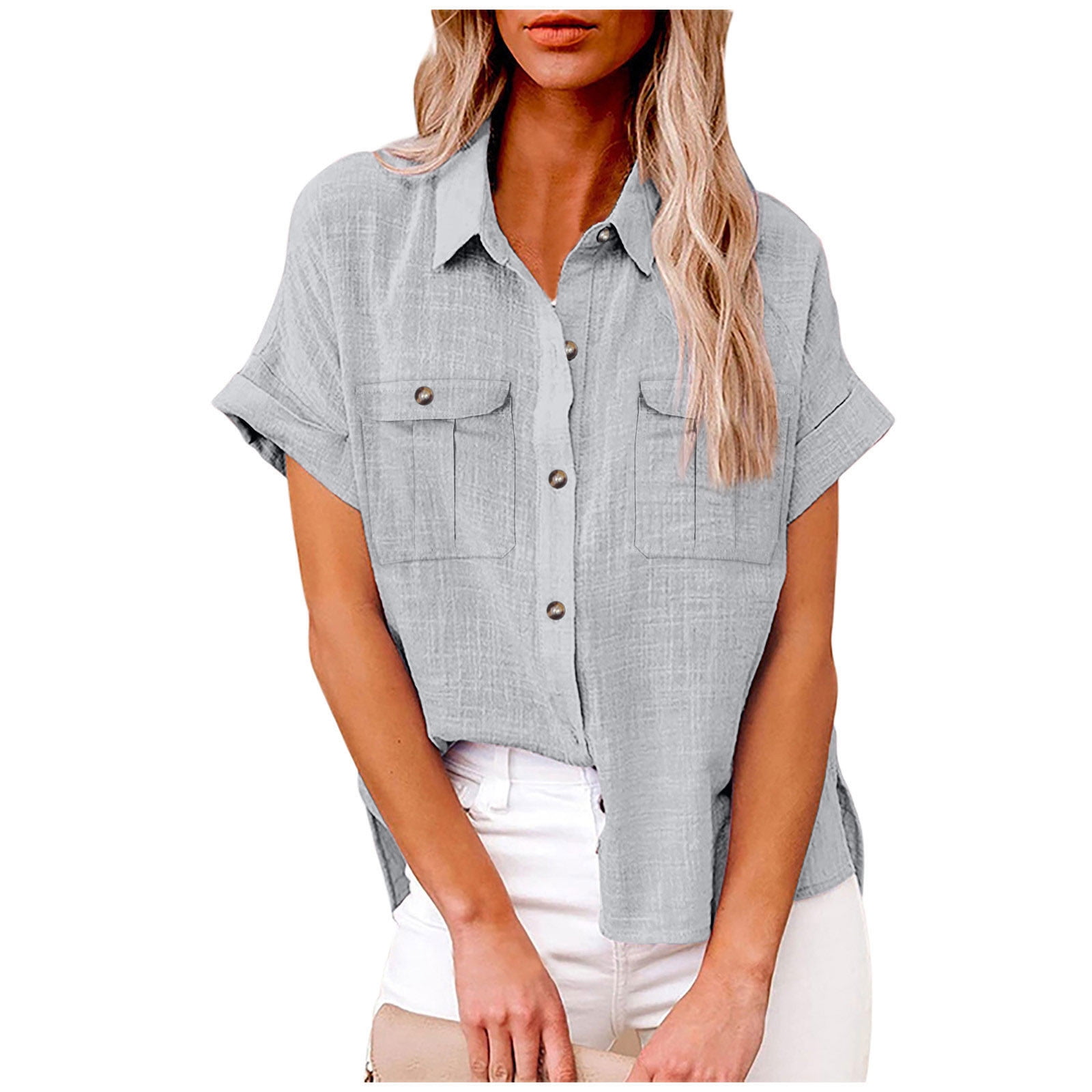 Sakmal Cotton and Linen Shirts for Women V-Neck Basic Short Sleeve ...