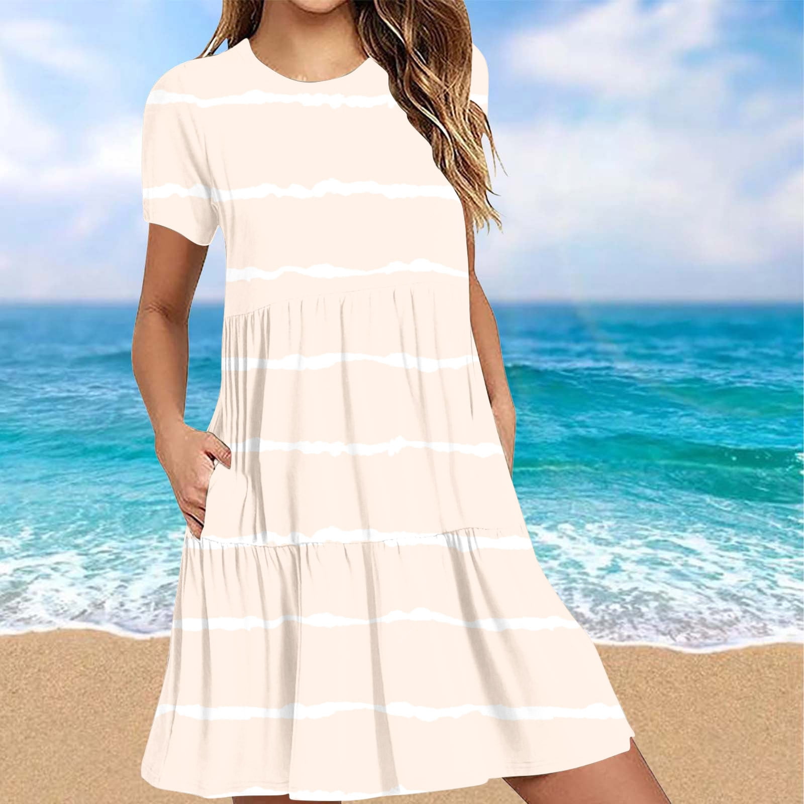 Sakmal Crew Neck Sundresses for Women 2024 Long Beige Striped Loose Fit ...