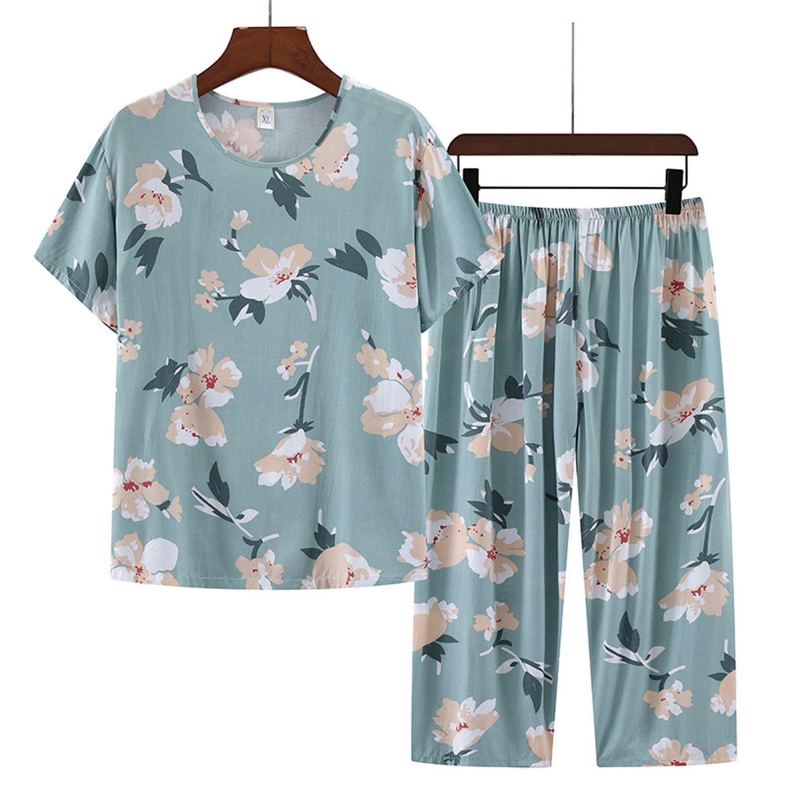Sakmal Cropped Casual Pajamas Sets for Women 2024 Short Sleeve Floral ...