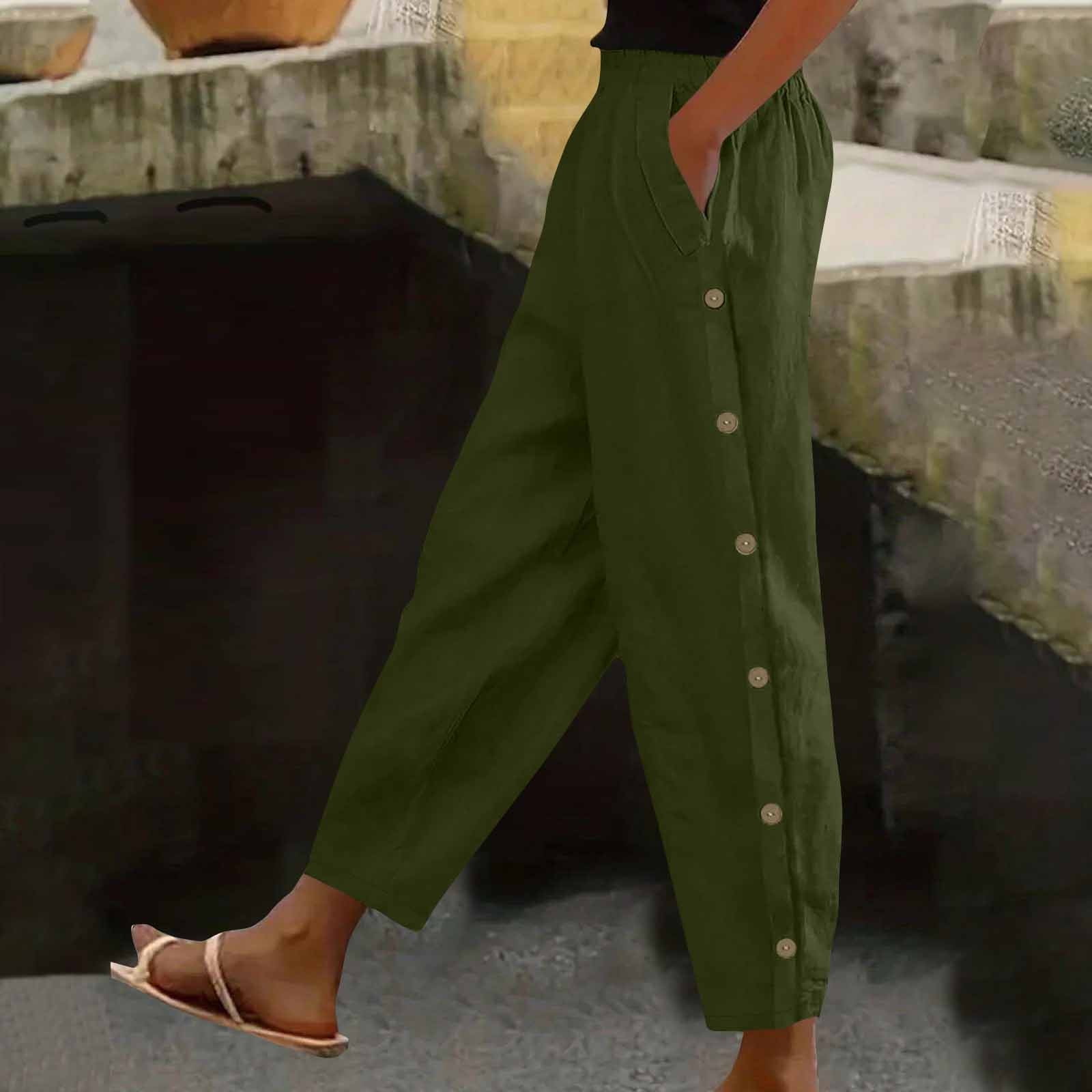 Sakmal Cropped Womens Pants Linen Pleated High Waisted Taper Green ...
