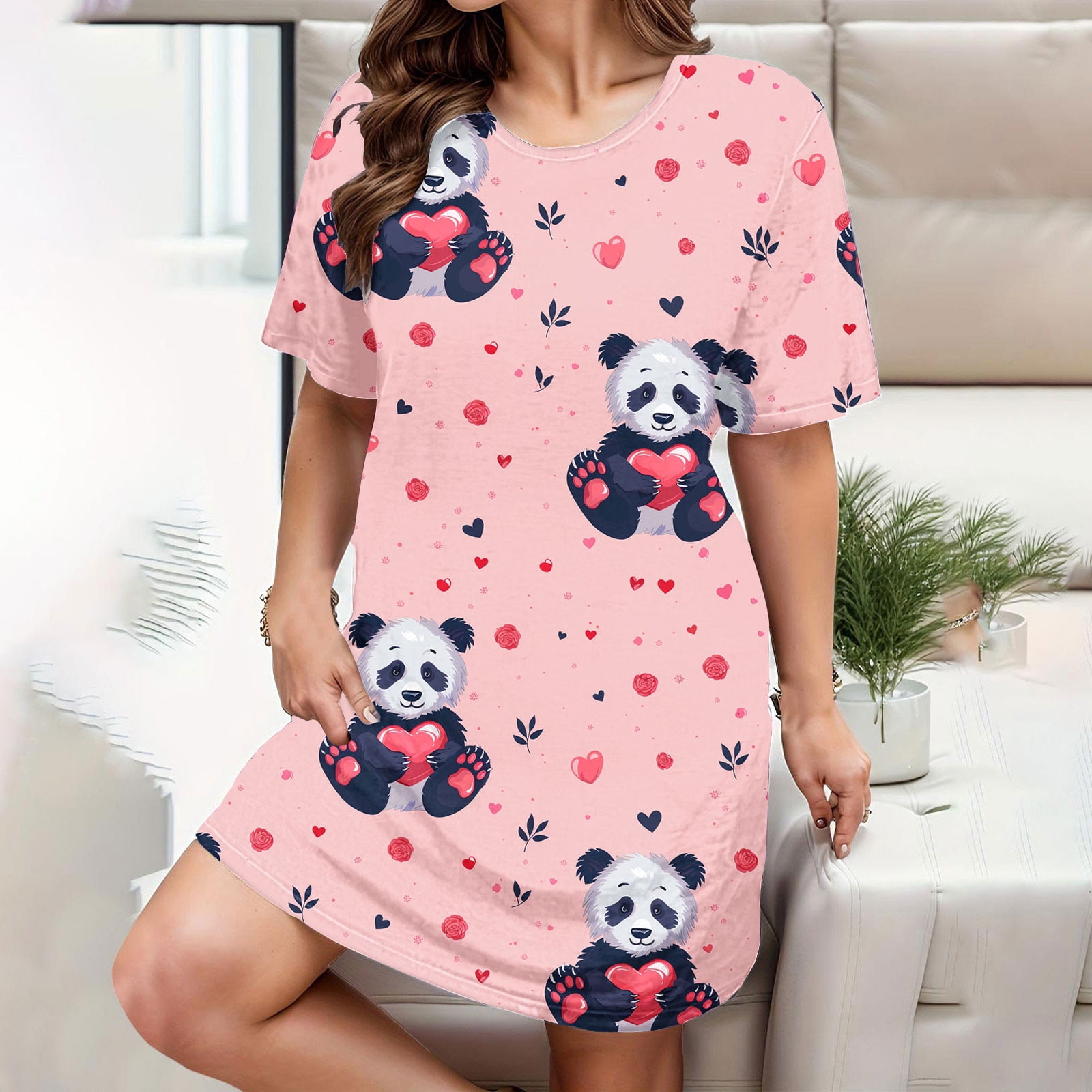 Sakmal Cute Moomoo Womens Nightgown Pink Soft Plus Size House Dress Crew Neck Animal Print Short ...
