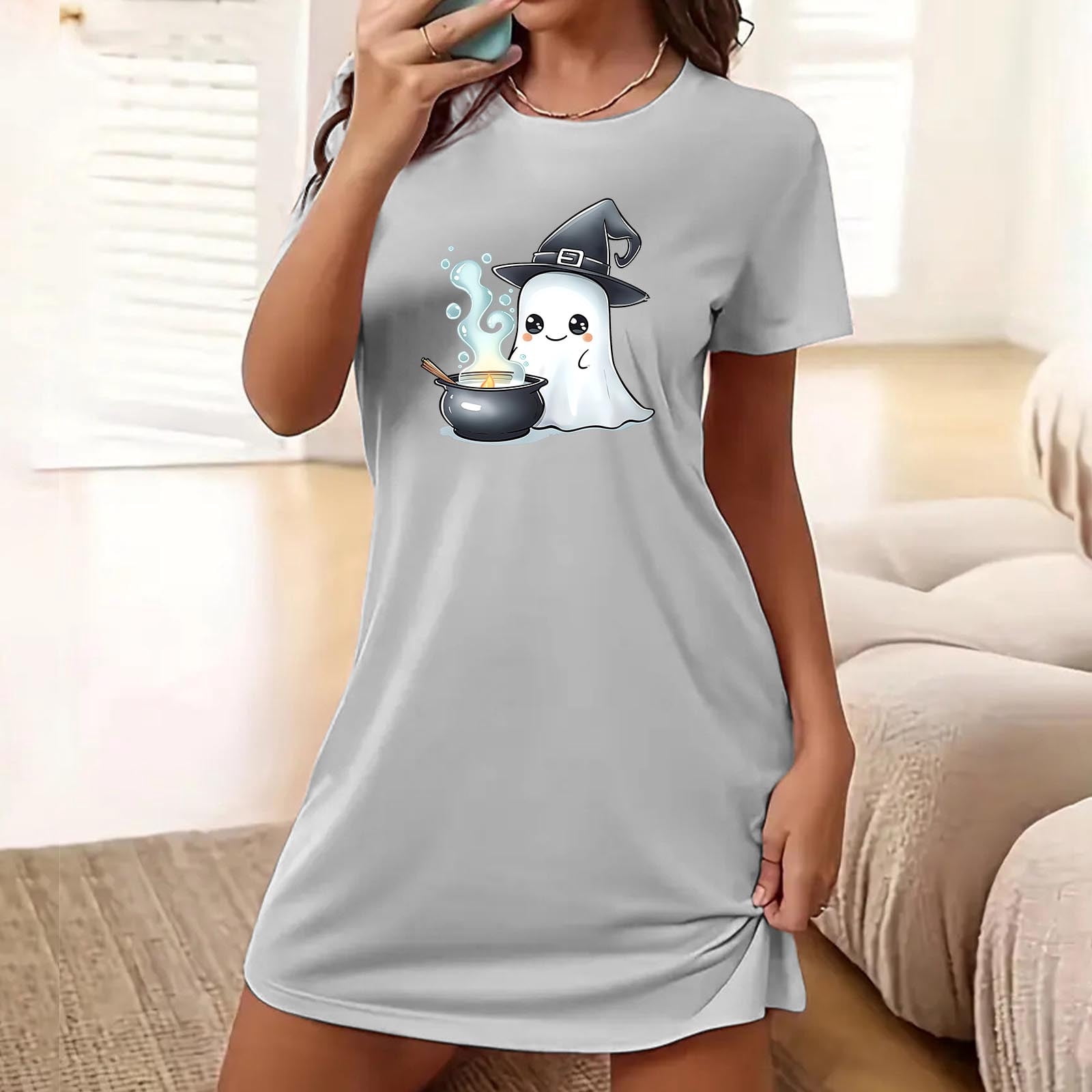 Sakmal Cute Moomoos for Women Sleep Short Gray Spooky Season Sleepwear ...