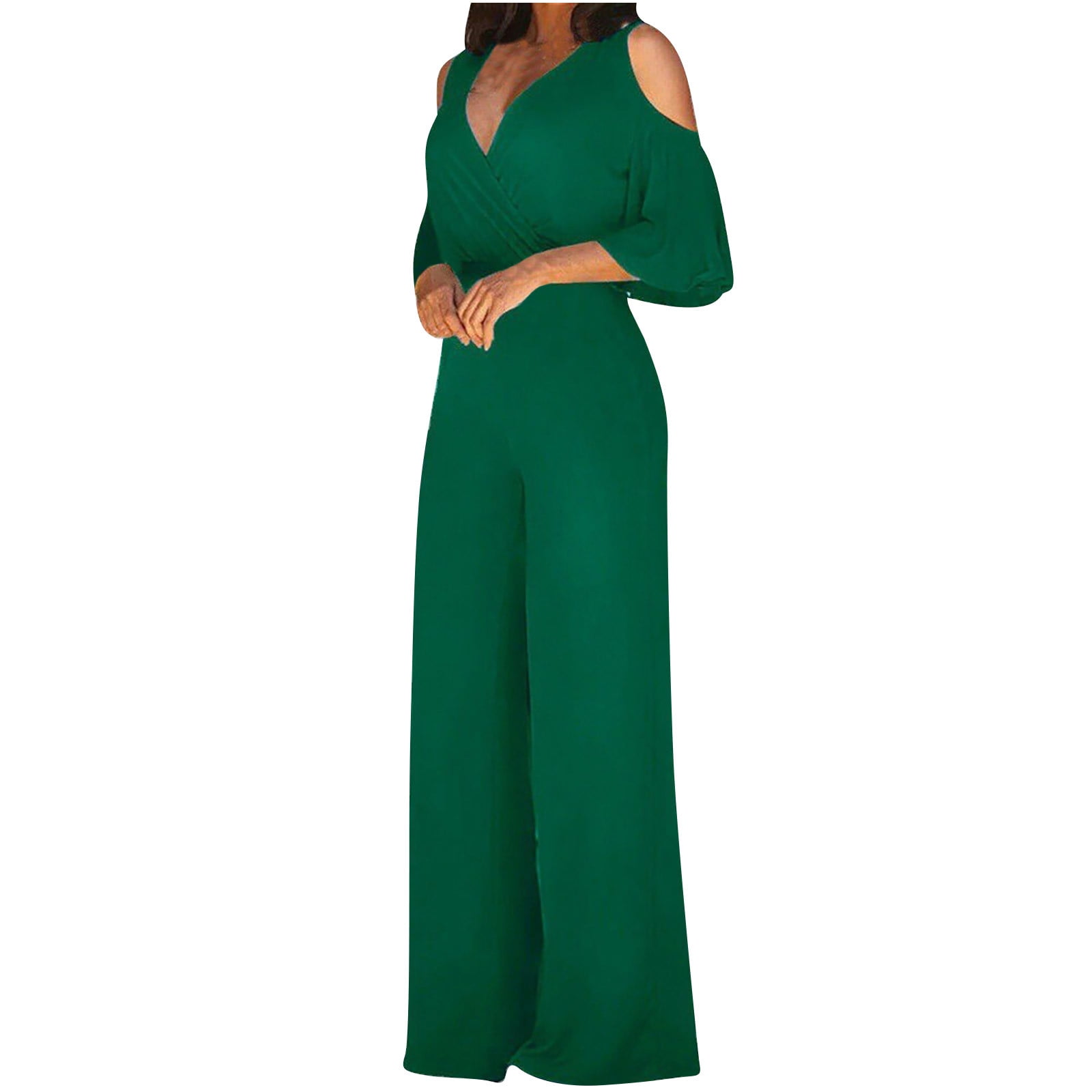 Sakmal Dressy Womens Jumpsuit Green Short Sleeve Elegant Flowy Overalls ...