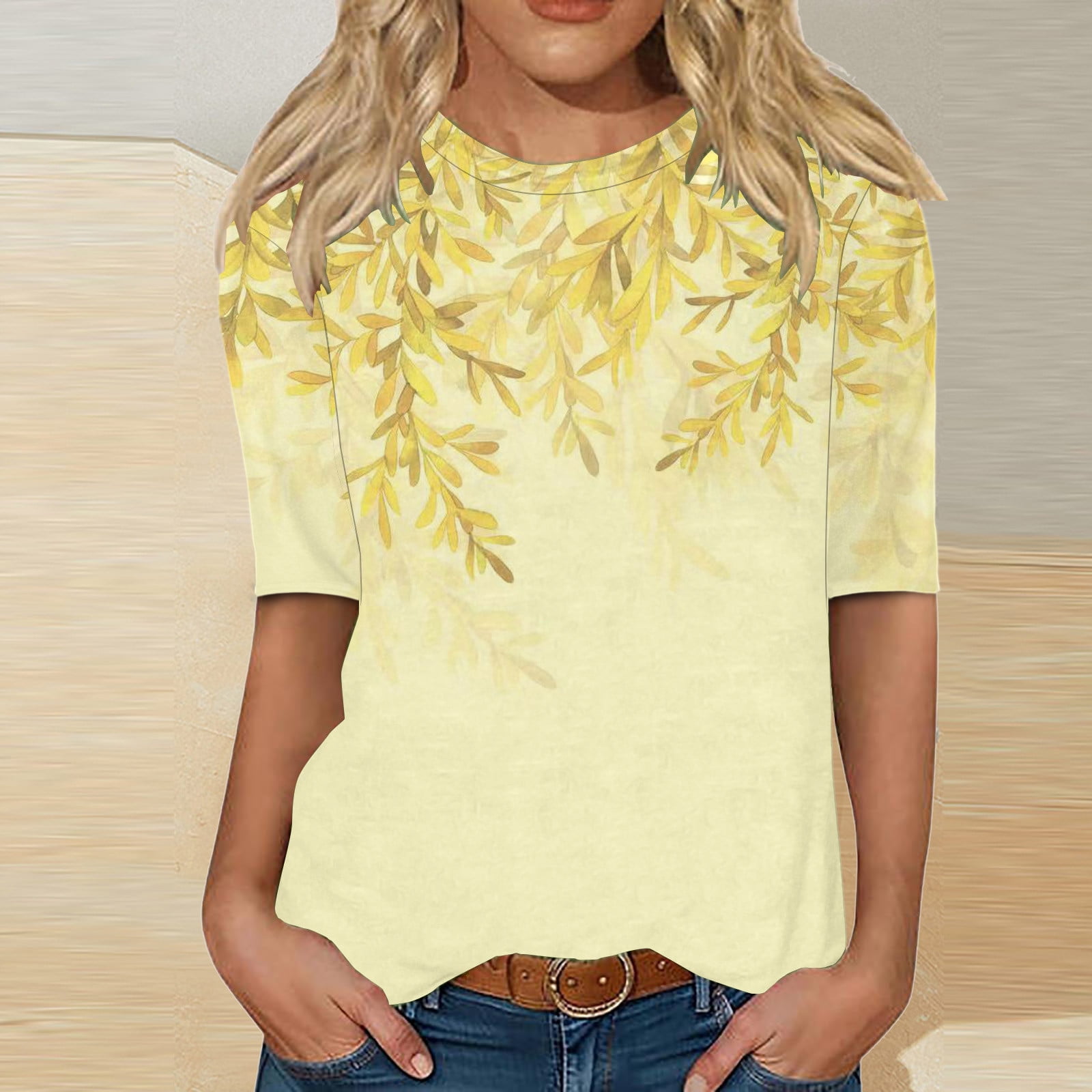 Sakmal Elbow-Length Casual Tops for Women Yellow Crew Neck Graphic T ...
