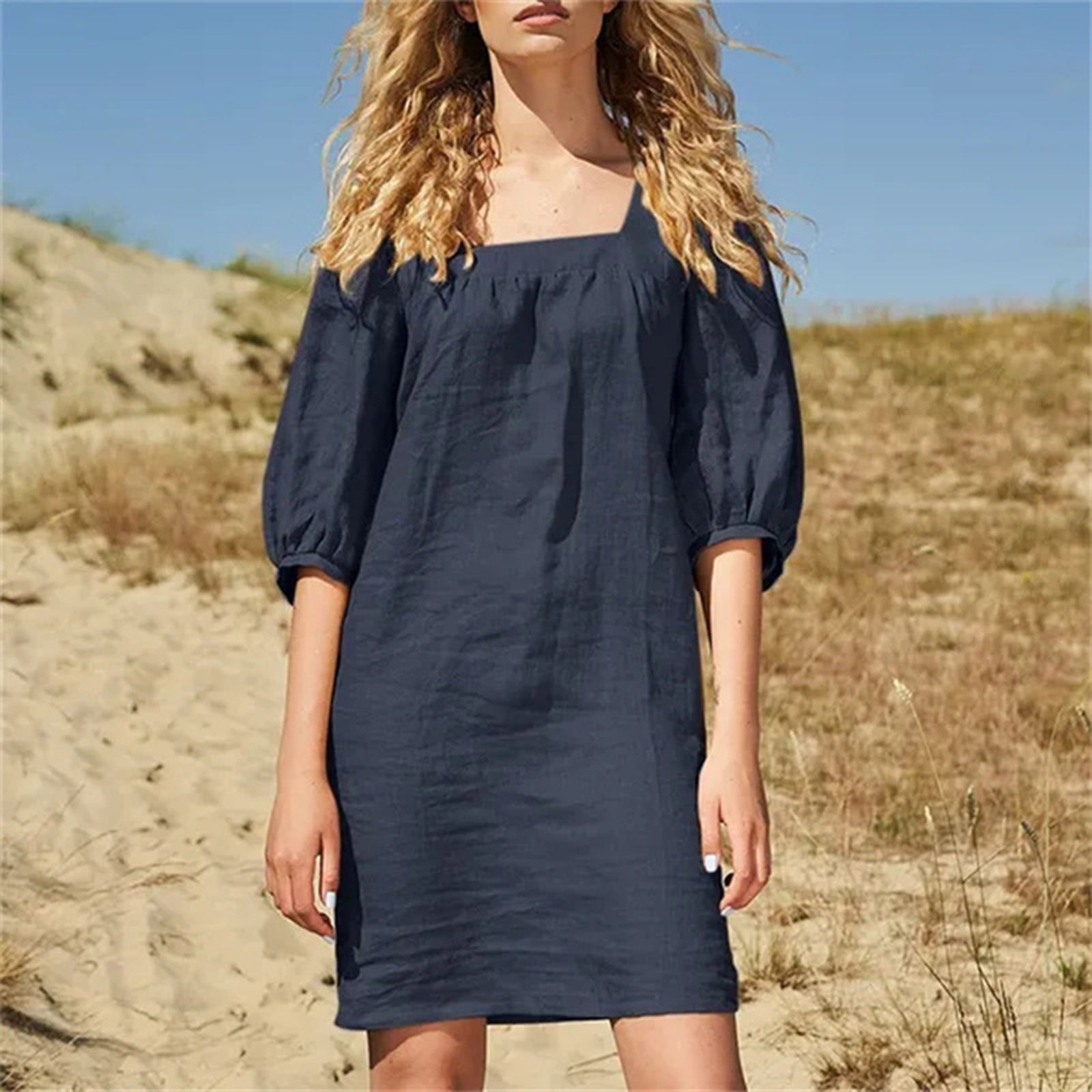 Sakmal Elbow-Length Plus Size Summer Dresses Blue Solid Square Neckline ...