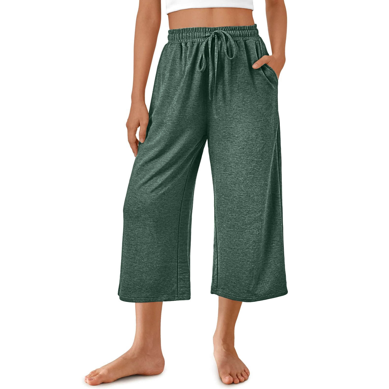 Sakmal Flowy Womens Capri Pants Stretchy Wear to Work Wide Leg Green ...
