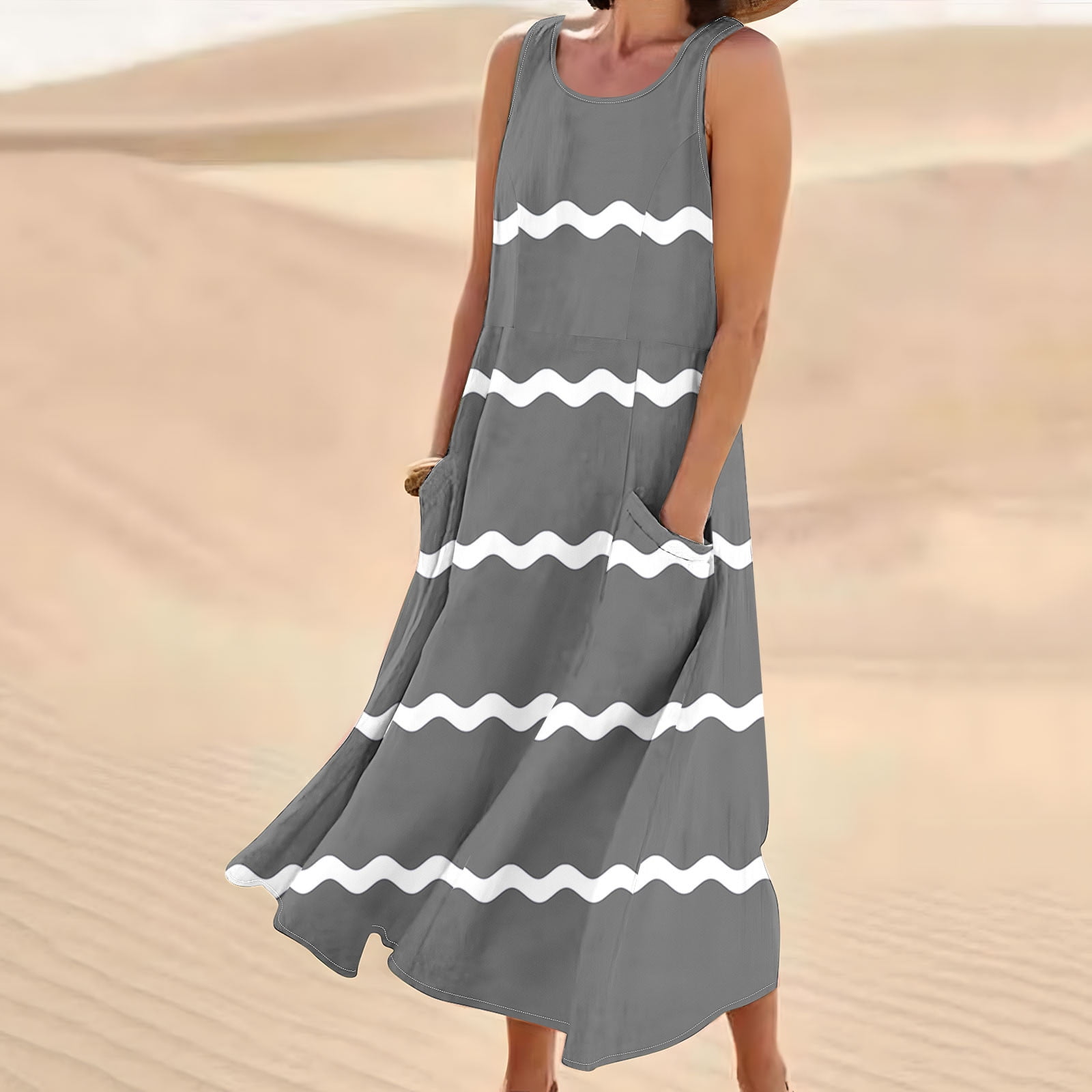 Sakmal Flowy Womens Dresses Long Linen Sundress Gray Dress Sleeveless ...