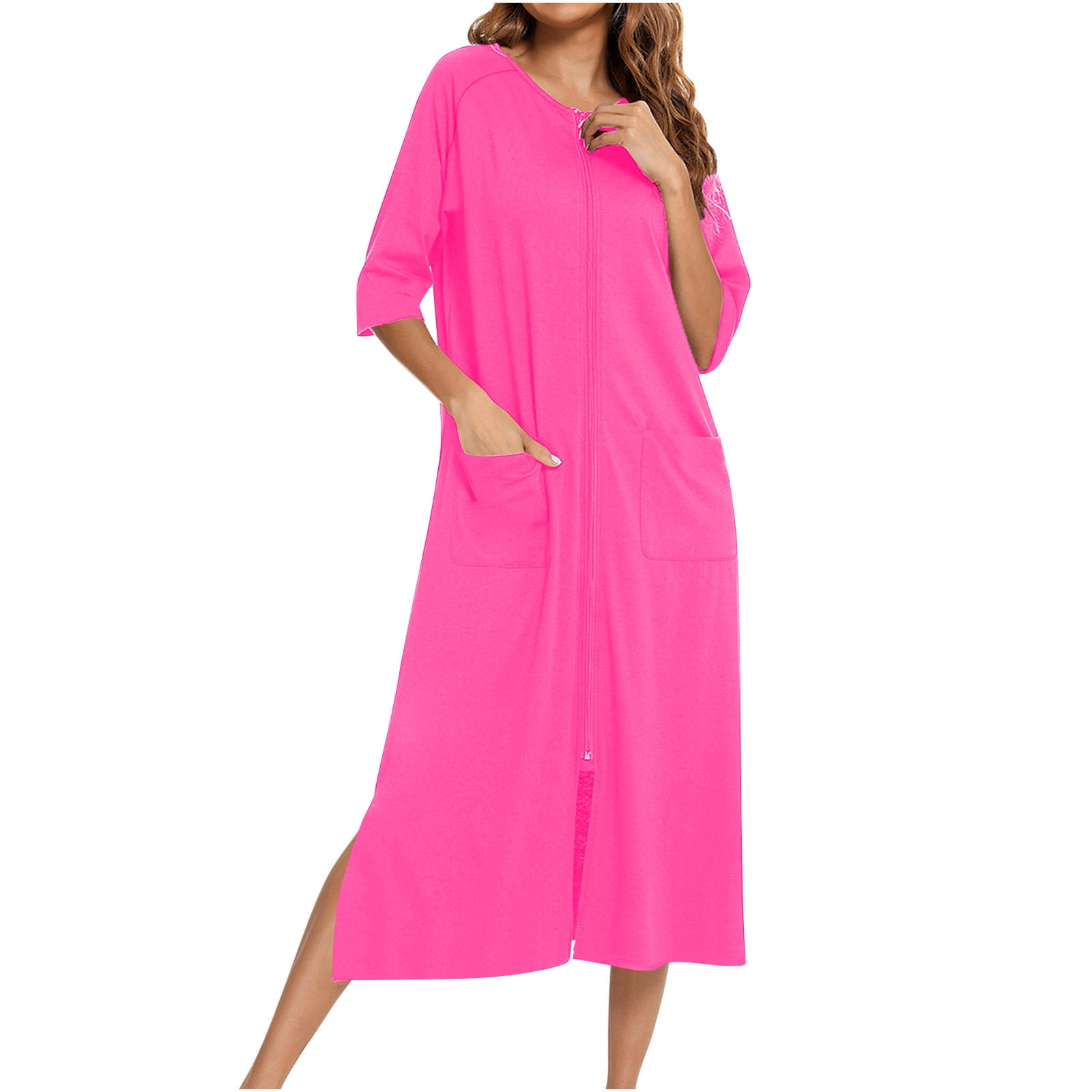 Sakmal Full Zip Moomoo Nightgowns Women Pink Comfy Long Mumu Dress Long ...
