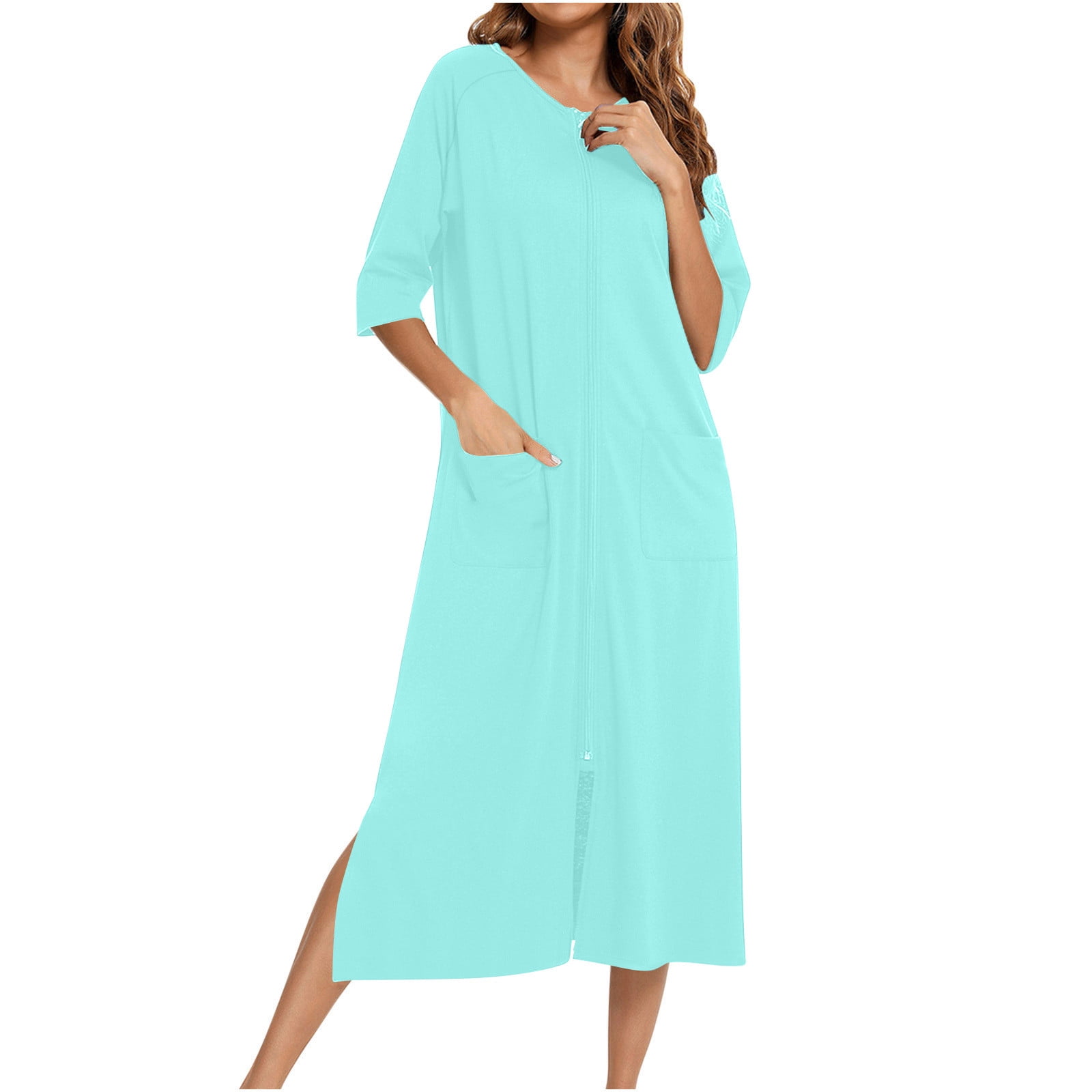 Sakmal Full Zip Moomoo Womens Nightgown Cute Blue Long Night dress Long ...