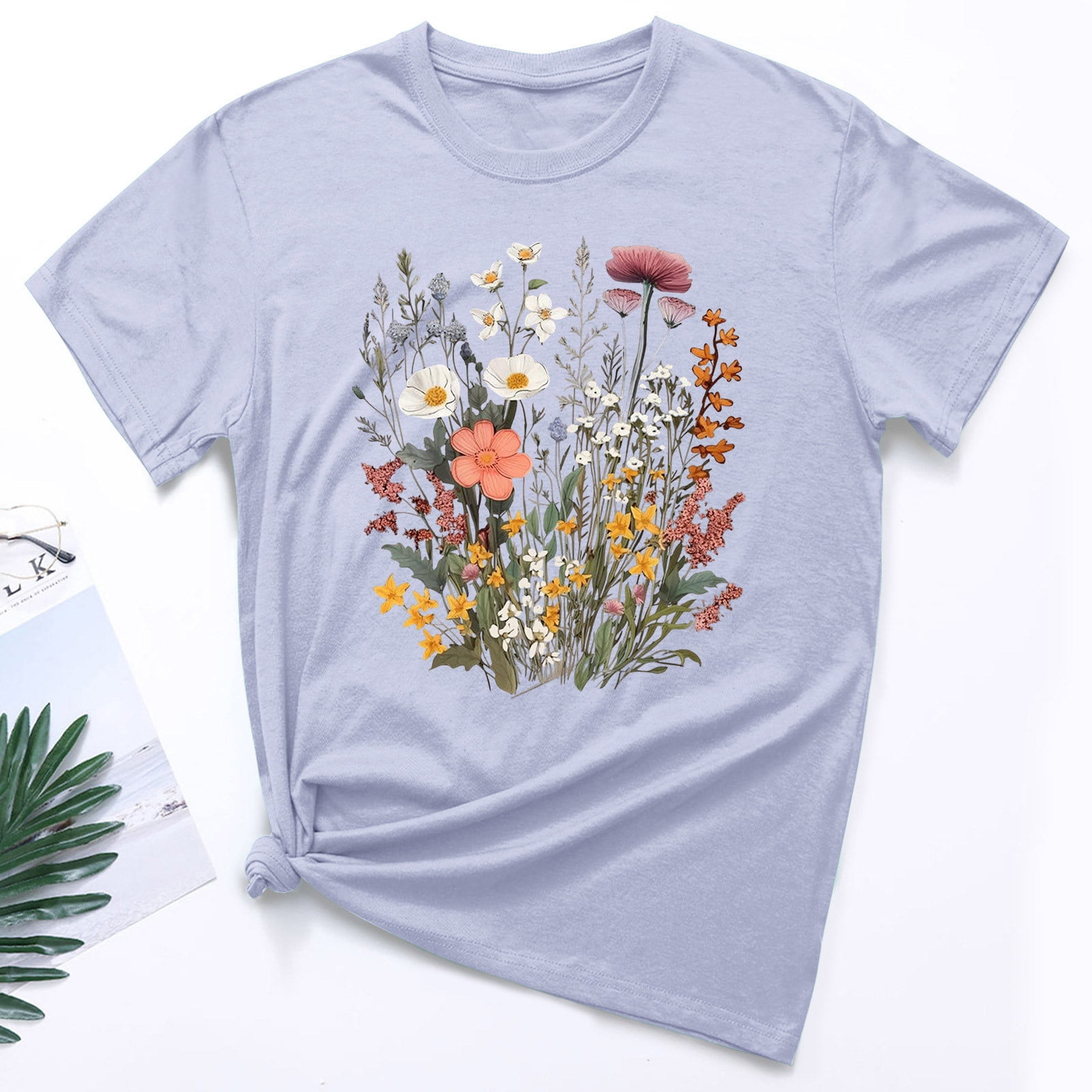 Sakmal Gray Womens Tops Short Sleeve Graphic Crew Neck Flower T-Shirts ...
