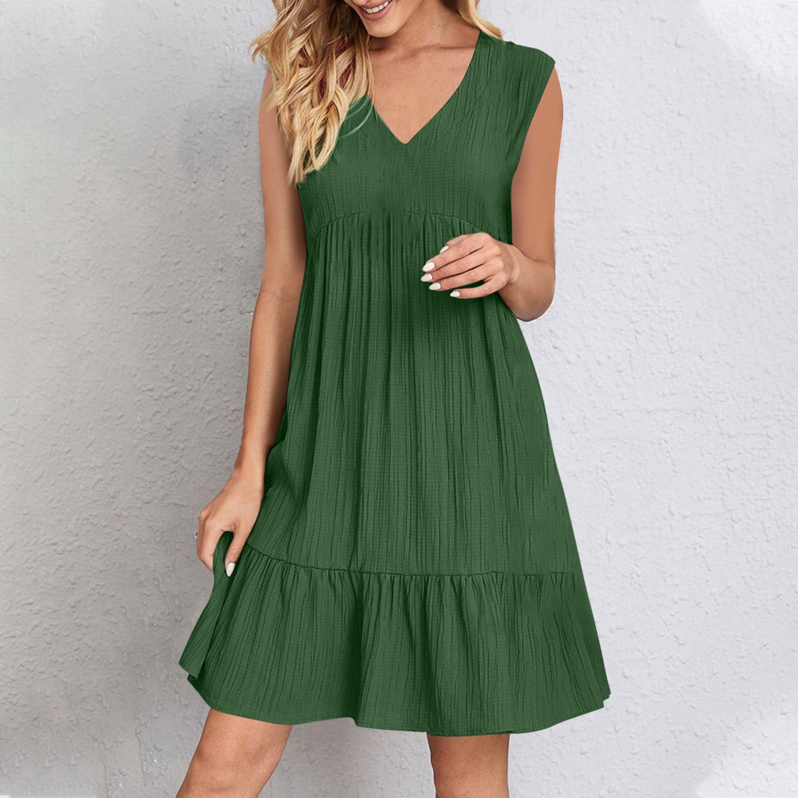 Sakmal Green Sundresses for Women 2025 Mini Ruffle Casual Dress ...