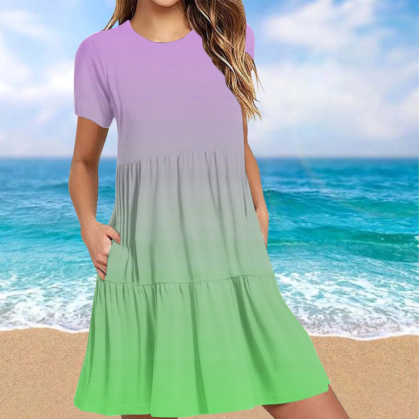 Sakmal Green Womens Dresses Midi Flowy T Shirt Dress Gradient A Line Short Sleeve Dresses with ...