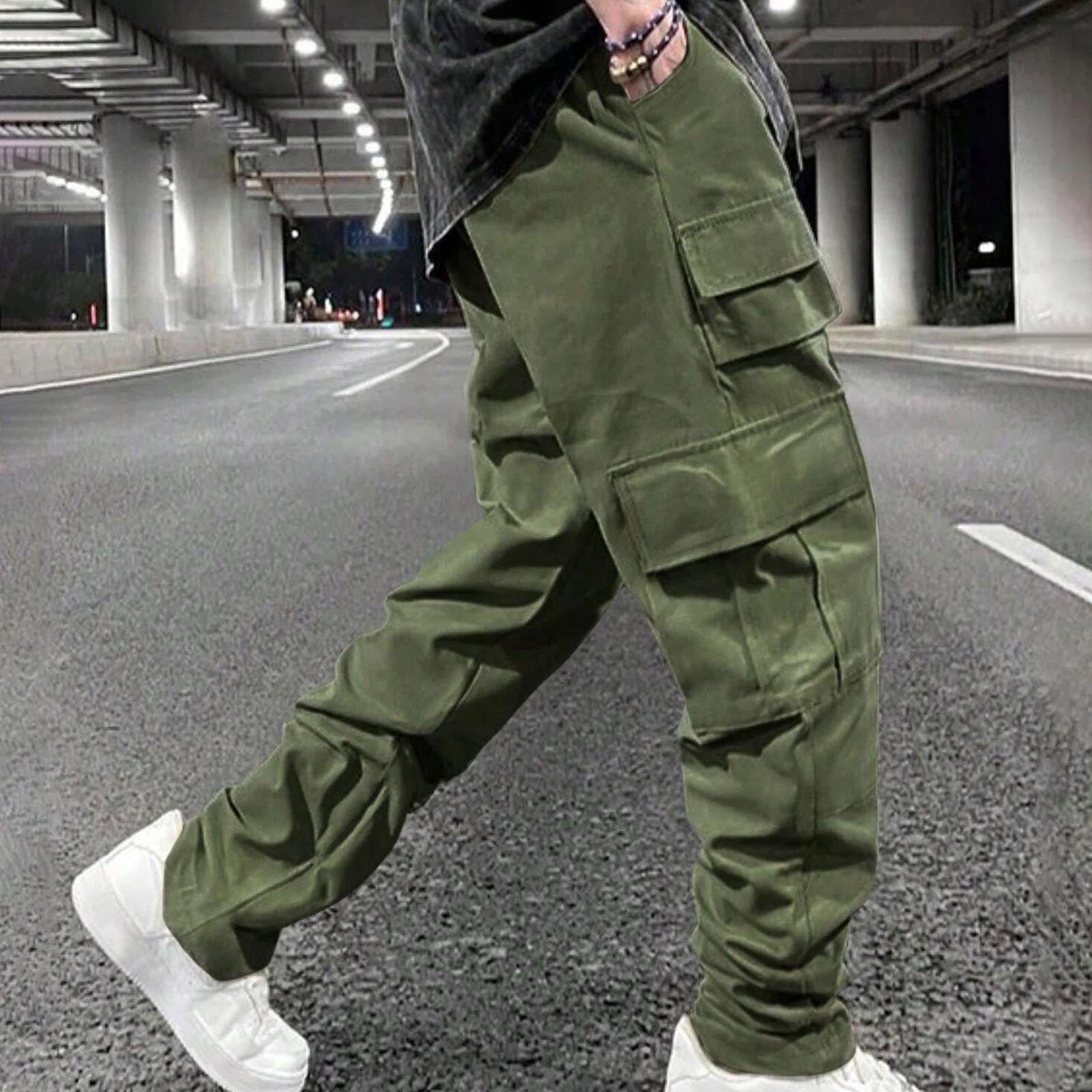 Sakmal High Waisted Men's Cargo Pants Straight Leg Multi Pockets Green ...