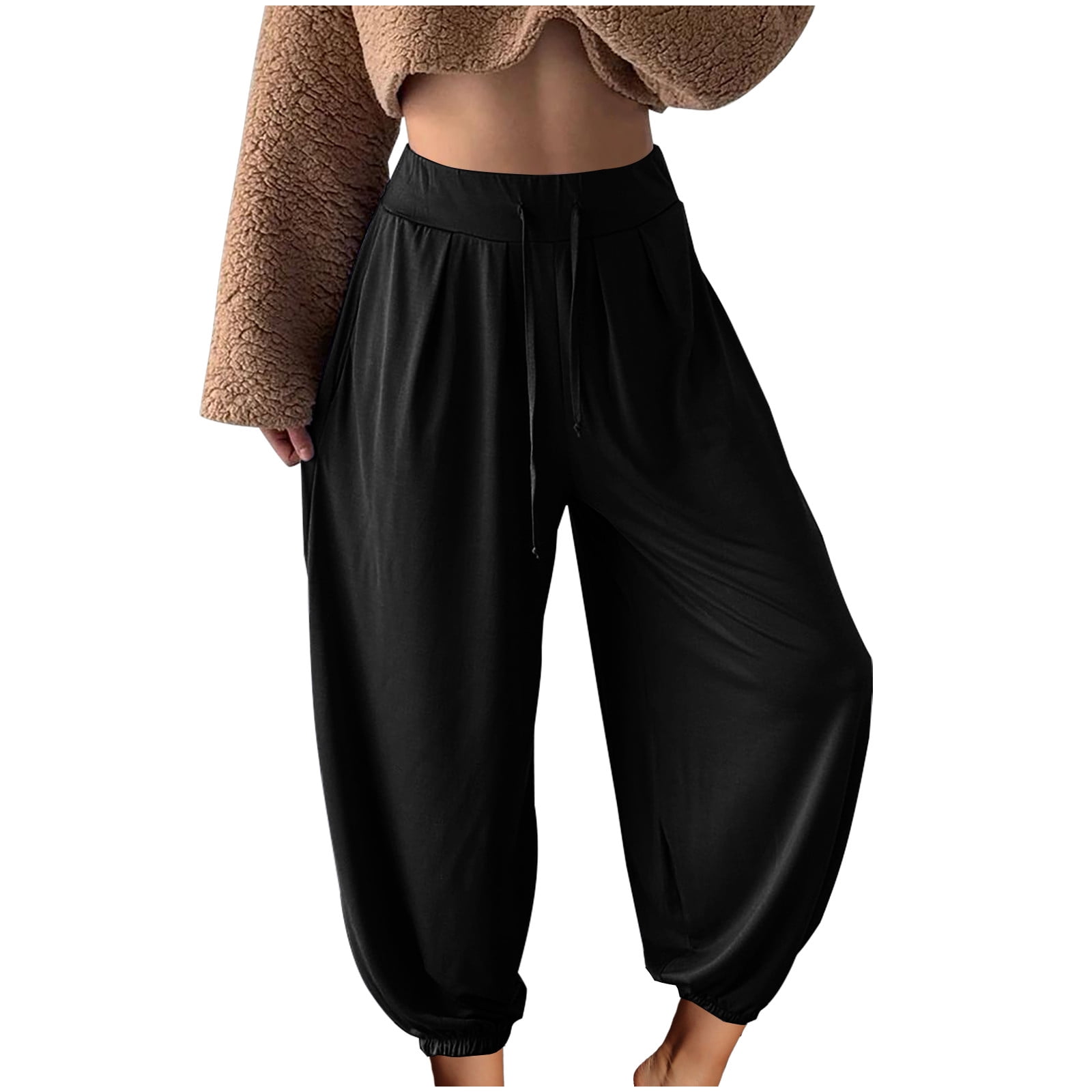 Sakmal High Waisted Pants Women Elastic Waist Taper Harem Pleated Black ...