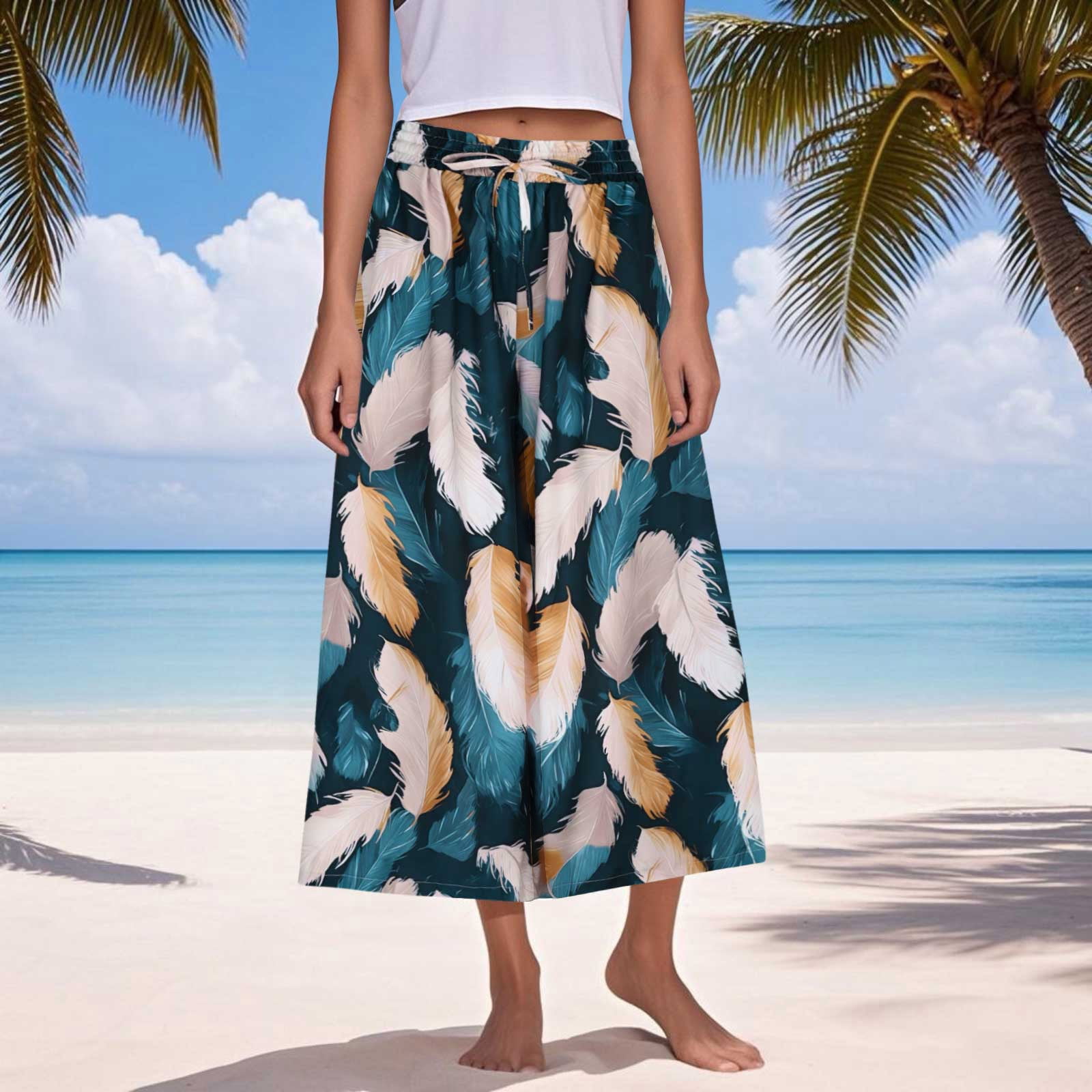 Sakmal High Waisted Womens Pants Flowy Wide Leg Tropical Palazzo Blue ...