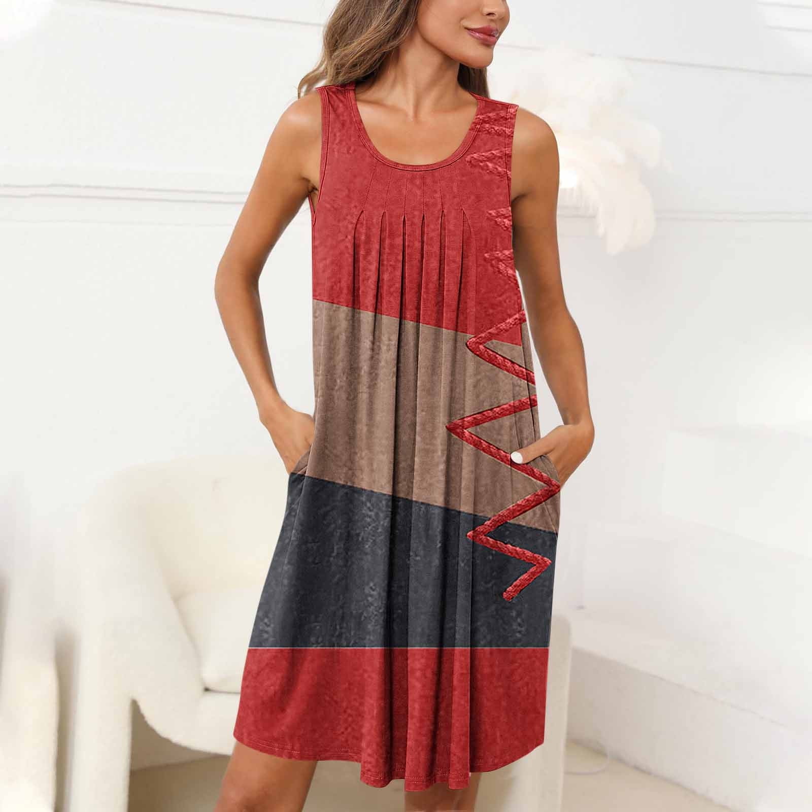 Sakmal House Dress for Women Sleep Tanks Plus Size with Pockets House Dress Patchwork Red ...