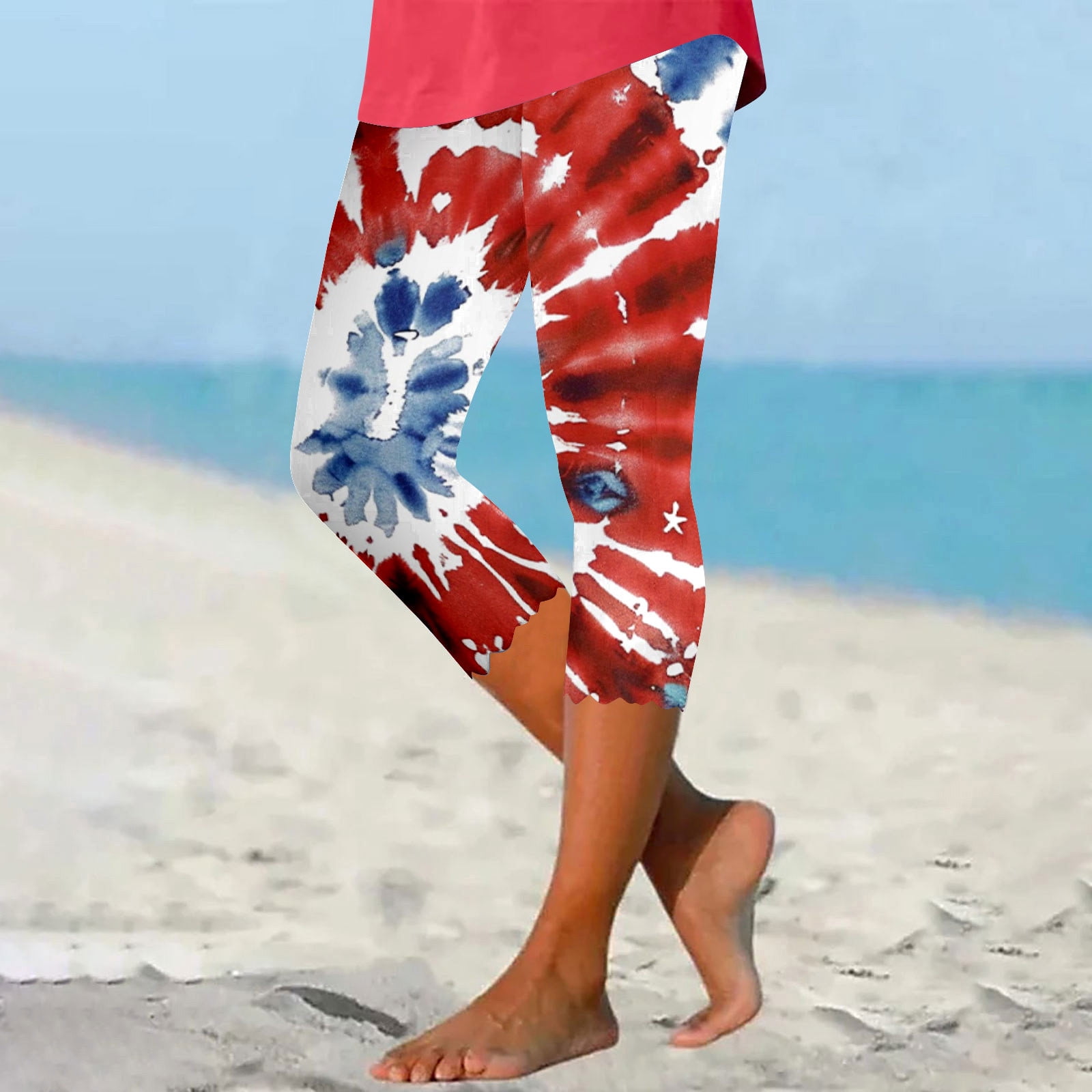 Sakmal Independence Day Womens Capris Blue Vacation Slim Leg Tie Dye ...