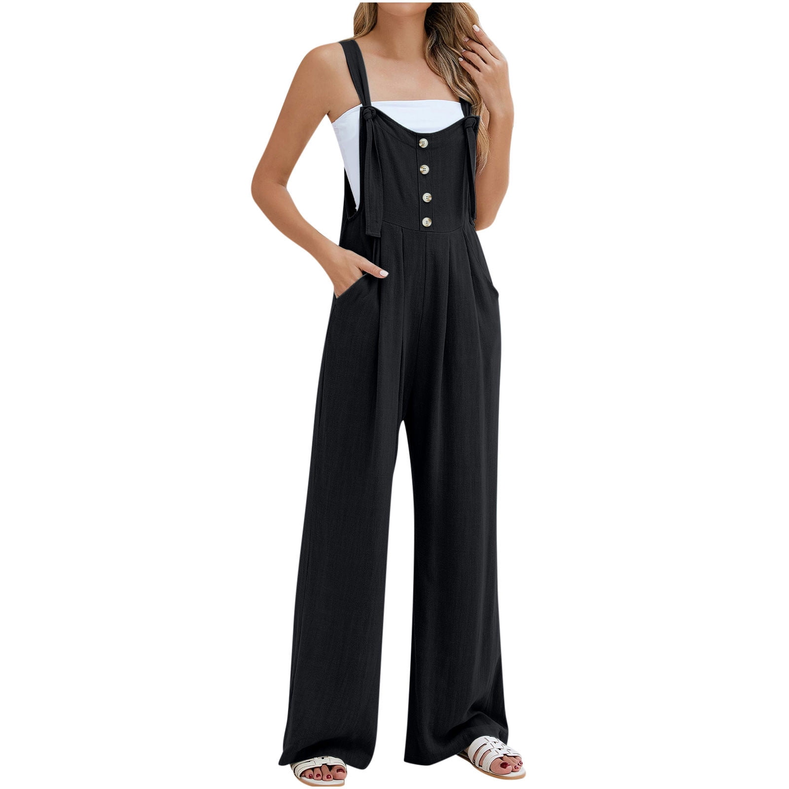 Sakmal Jumpsuits for Women Flowy Wide Leg High Waisted Solid Overalls ...
