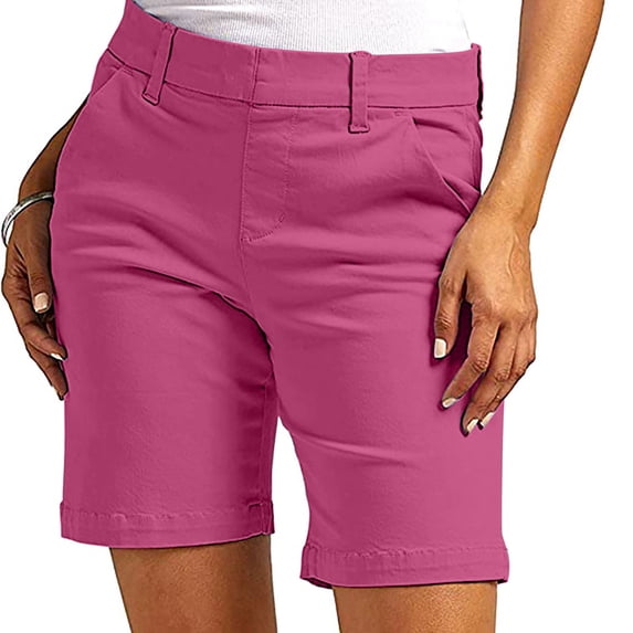 Sakmal Khaki Shorts Women Mid Rise Elastic Waist Straight Leg 7 Inch ...