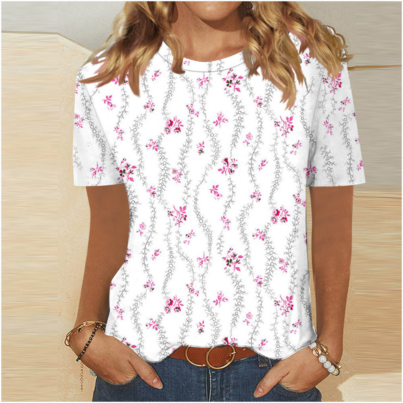 Sakmal Ladies Tops Clearance Red Short Sleeve Floral Crew Neck T-Shirts ...