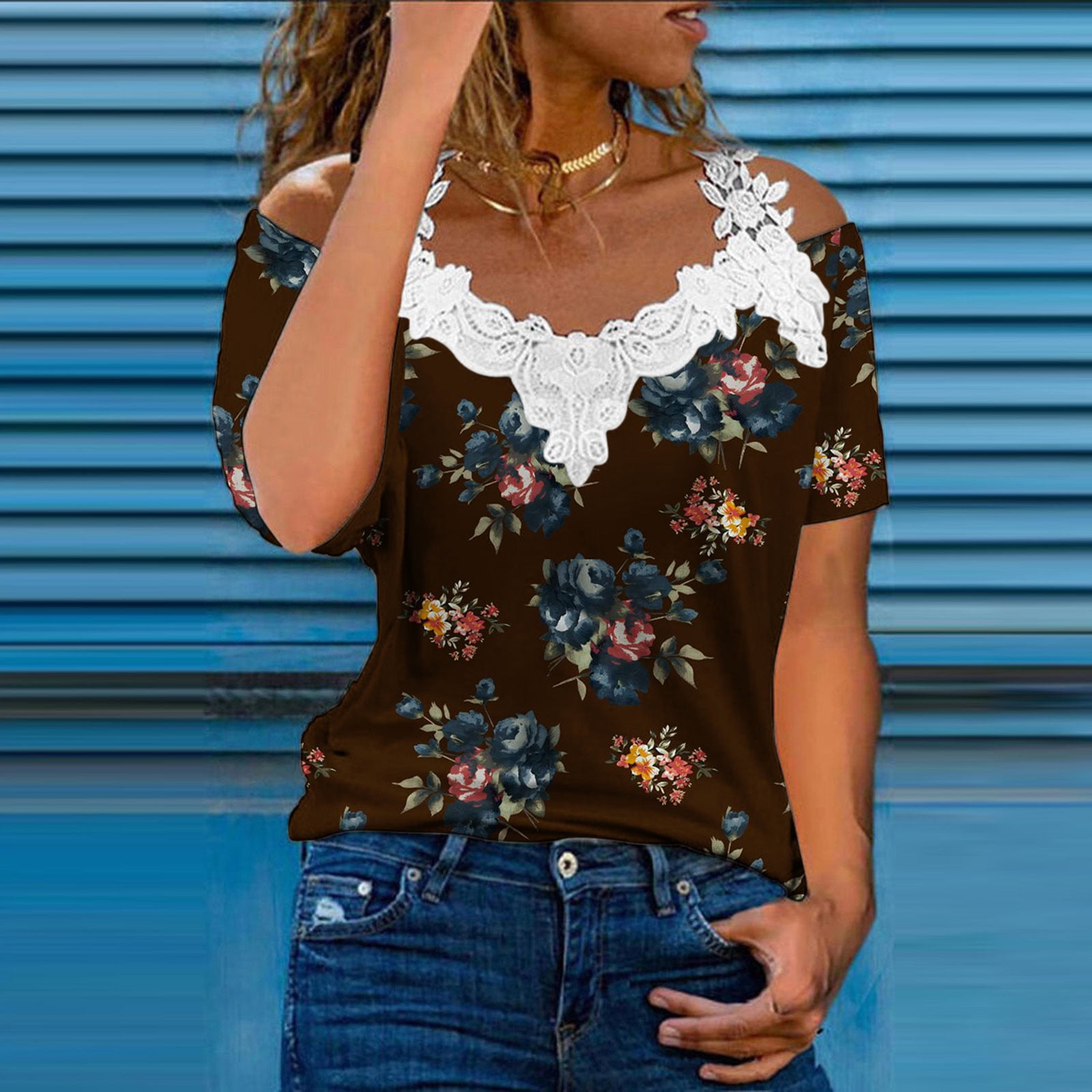 Sakmal Ladies Tops Short Sleeve Lace Graphic Halter V-Neck Blouses T ...