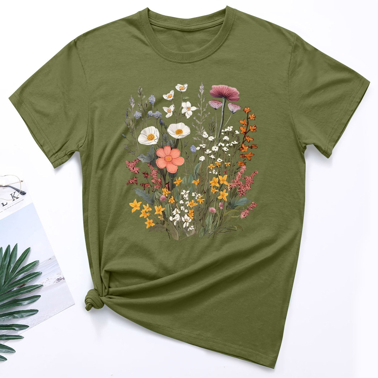 Sakmal Ladies Tops Plus Size Short Sleeve Green Crew Neck Flower ...