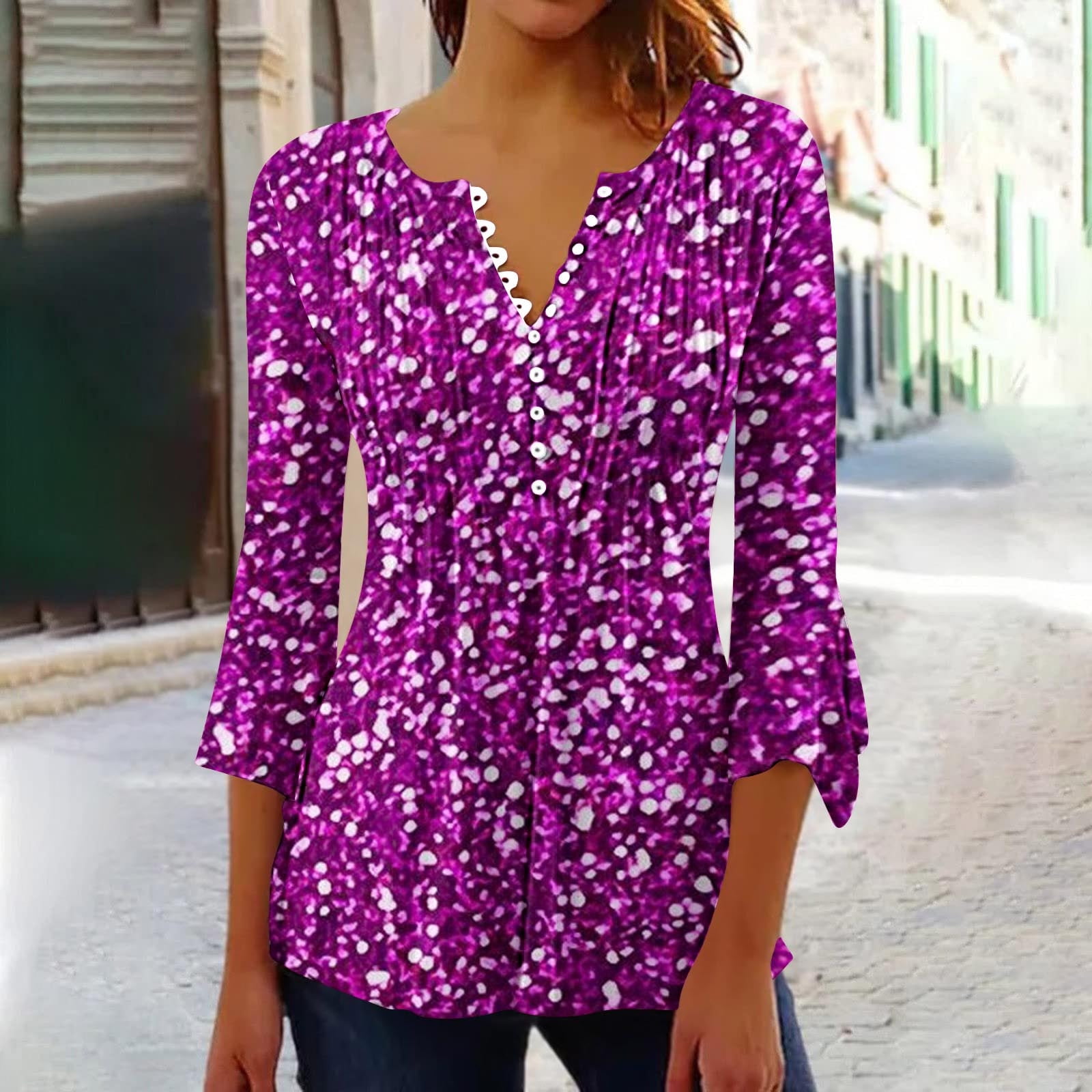 Sakmal Ladies Tops And Blouses 3 4 Sleeve Purple Floral Slim Bell