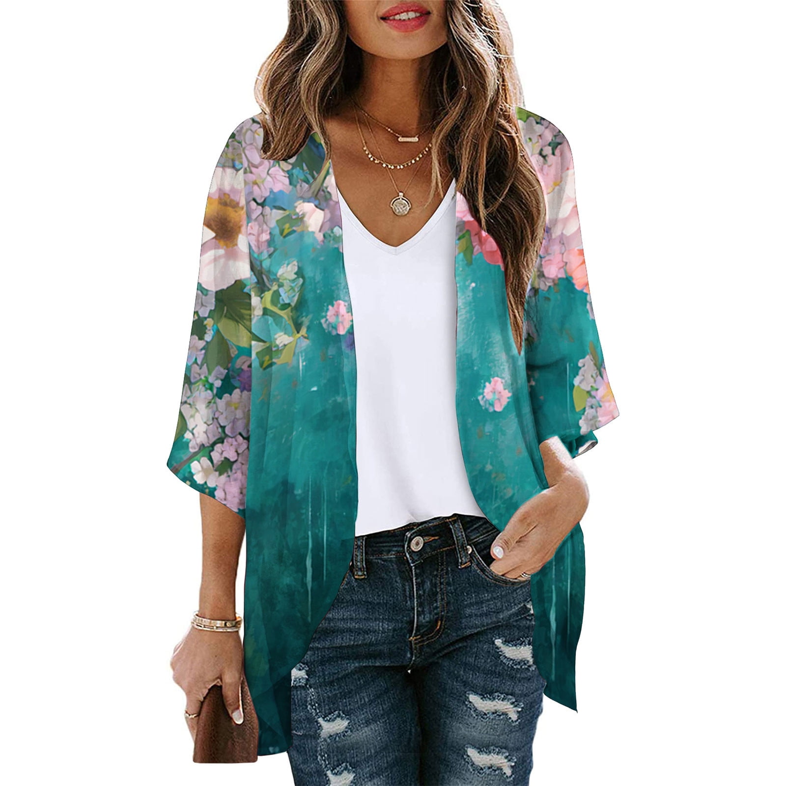 Sakmal Lightweight Coats for Women Cover-Up Green Elbow-Length Floral ...