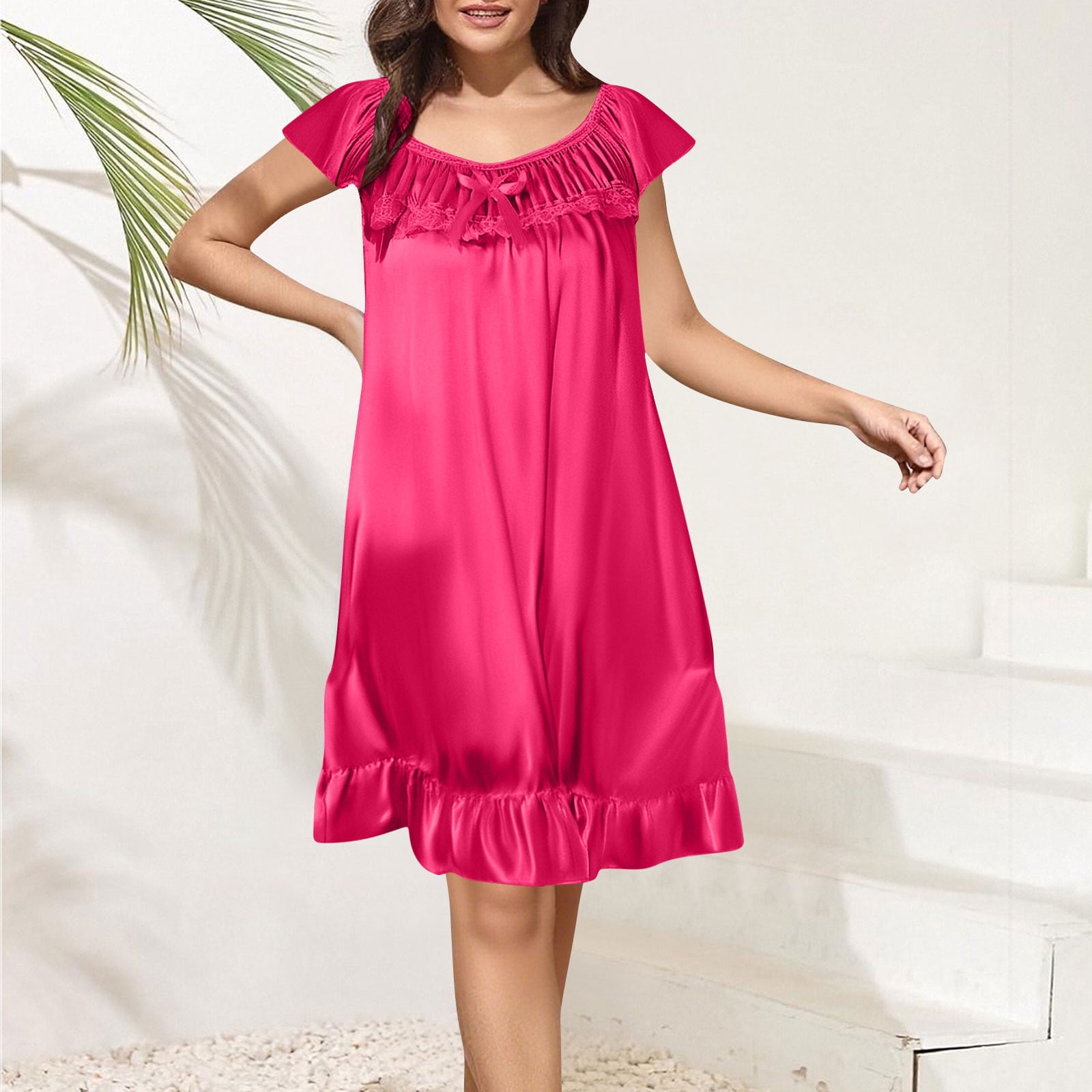 Sakmal Lightweight Moo Moos for Women Knee Length Pink Silky Ruffle ...