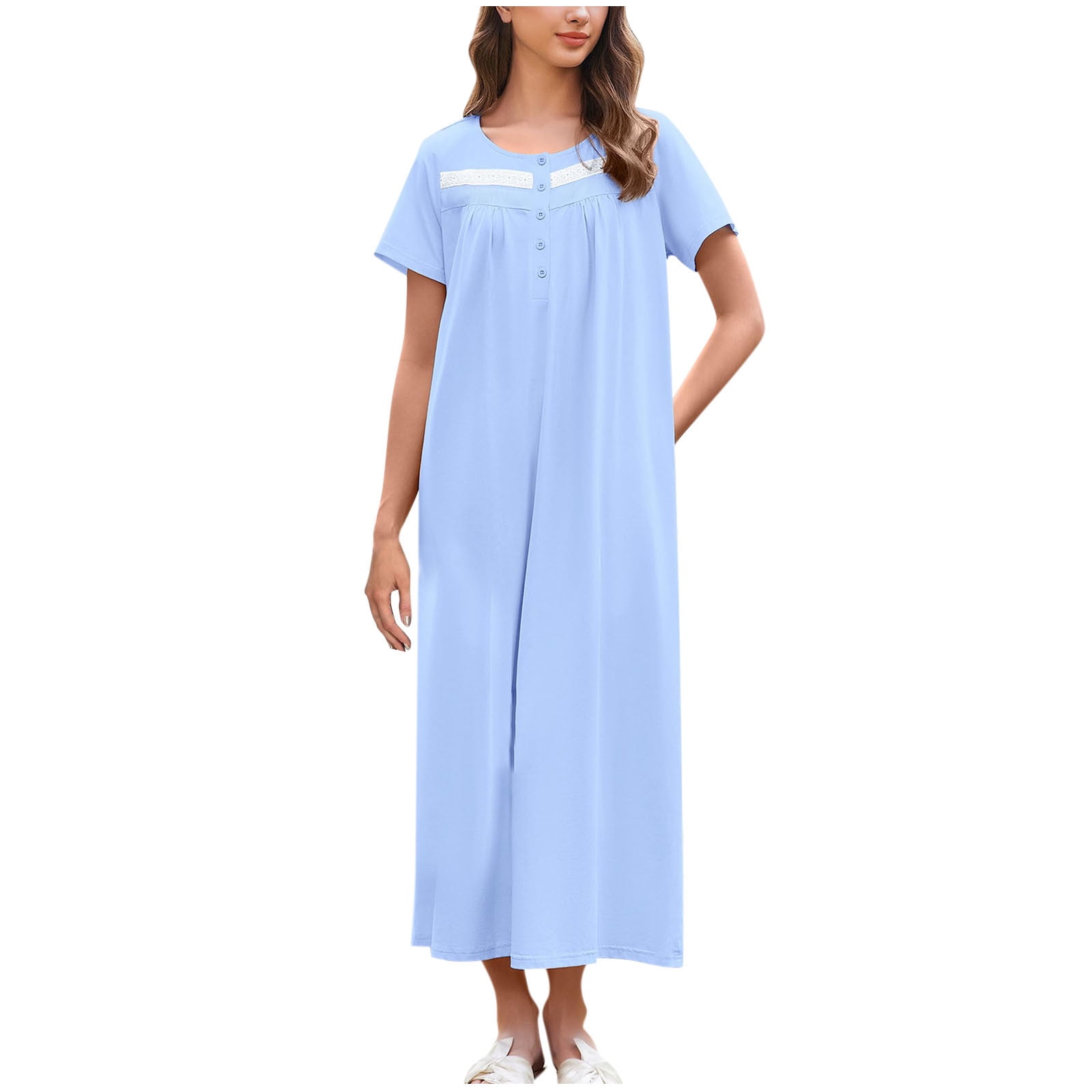 Sakmal Lightweight Moo Moos for Women Nightgown Blue Button Down Long ...