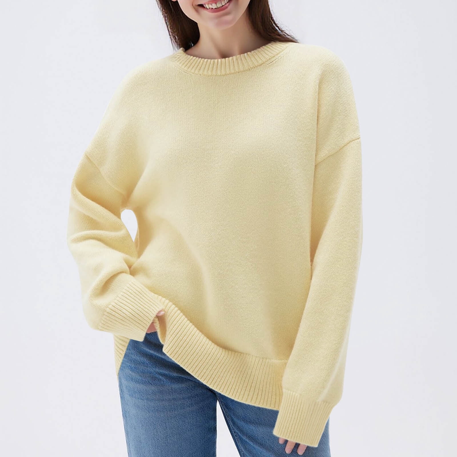 Sakmal Lightweight Sweaters for Women Yellow Streetwear Plain Crew Neck ...