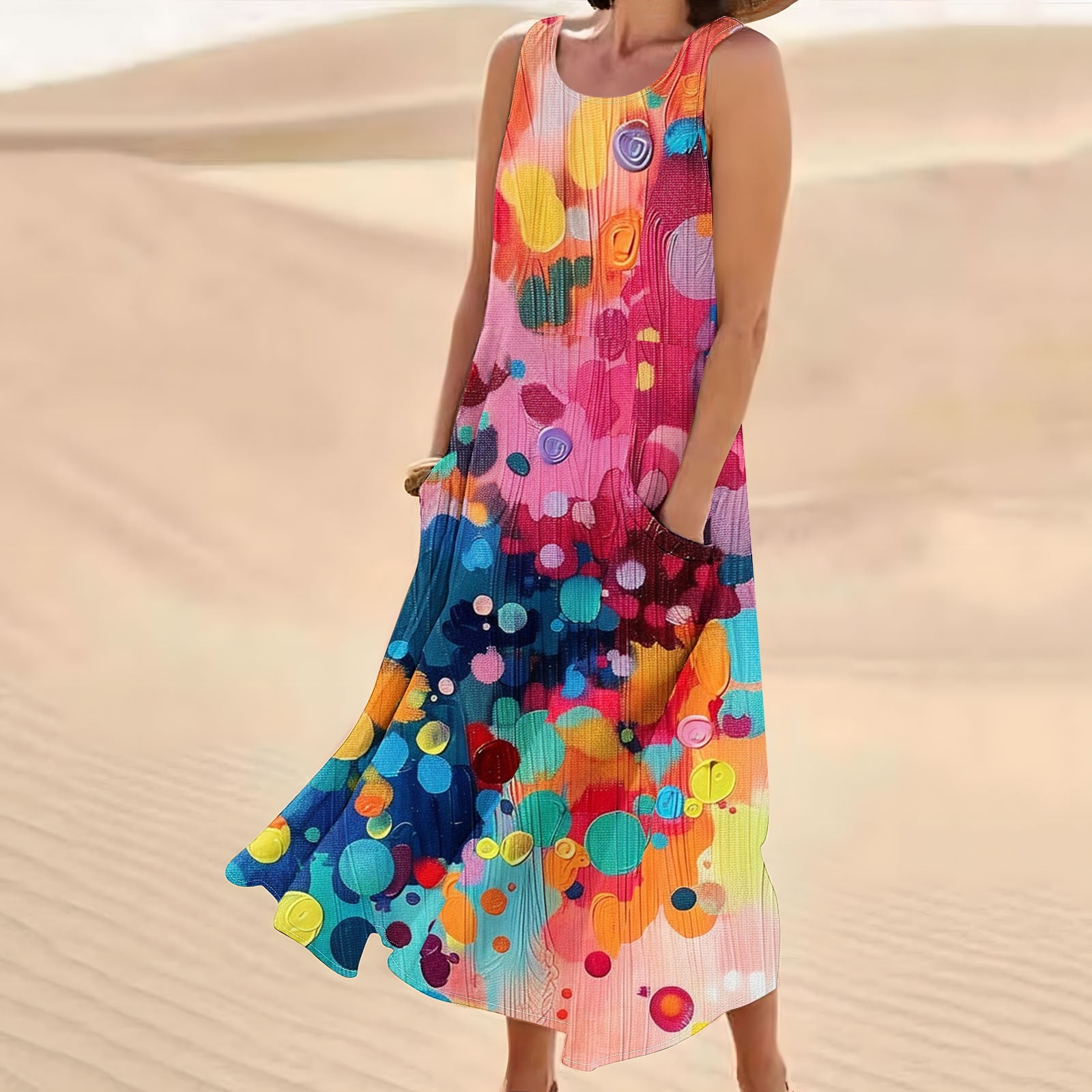 Sakmal Linen Women's Dresses Tank Long A Line Pink Dress Funny Polka ...