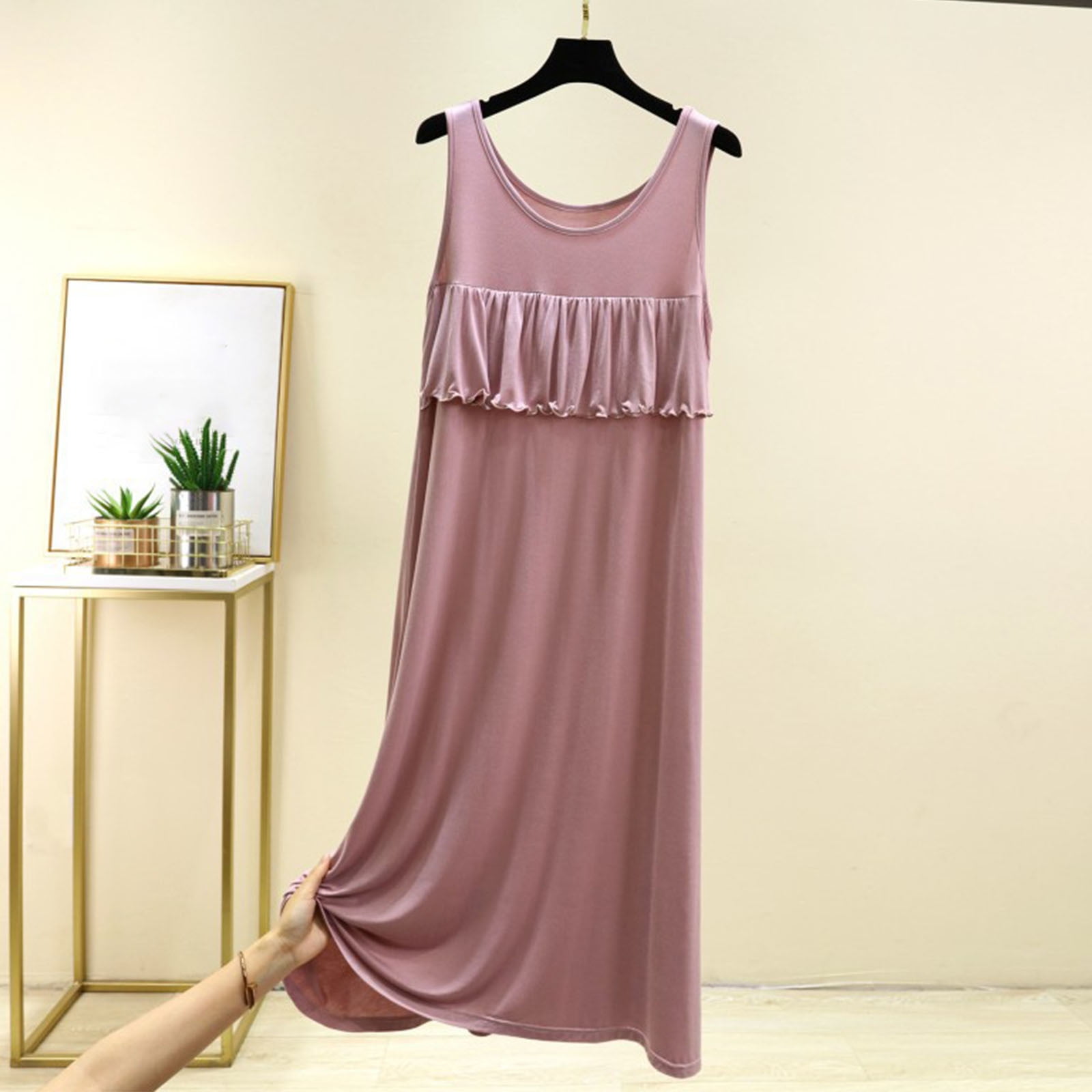Sakmal Long Moomoo Sleep Dress for Women Chest Pleated Pink Cotton ...