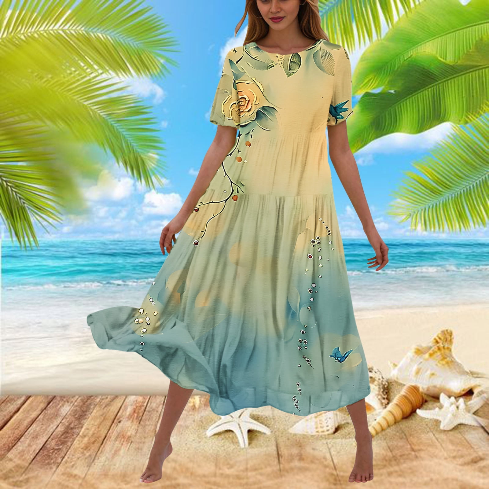 Sakmal Long Sundresses for Women 2024 Crew Neck Yellow Short Sleeve ...