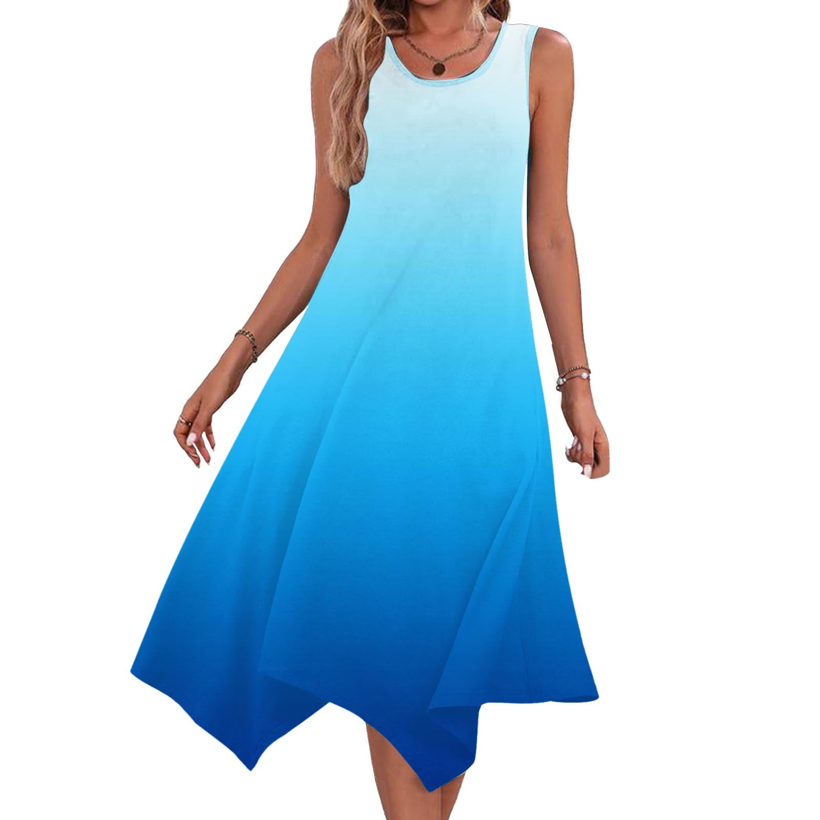 Sakmal Long Women Dresses Tank Asymmetrical Hem Blue A Line Dress ...