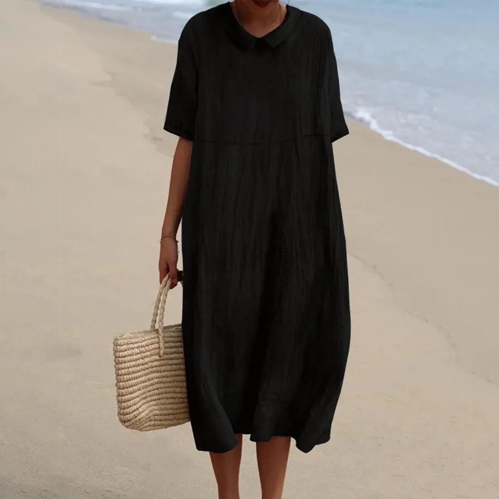 Sakmal Loose Fit Dresses for Women Basic Solid Short Sleeve Black ...