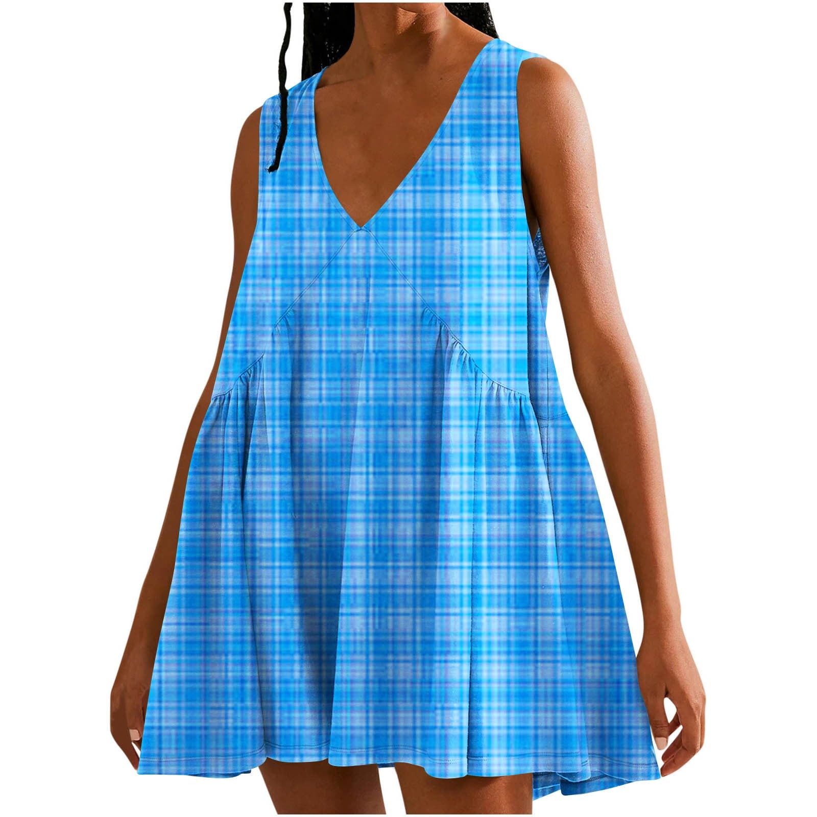 Sakmal Loose Fit Dresses for Women Plaid Pleated Comfort Fit Blue ...