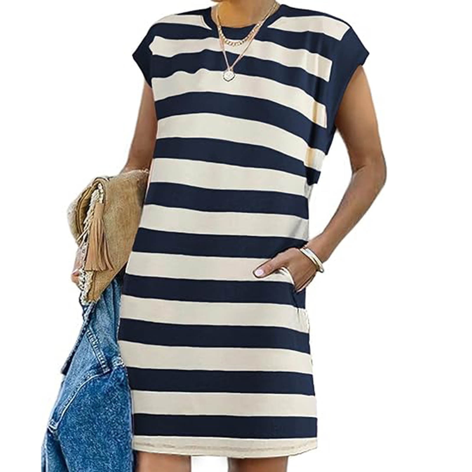 Sakmal Loose Fit Sun Dresses for Women 2024 Striped Basic Comfort Fit ...