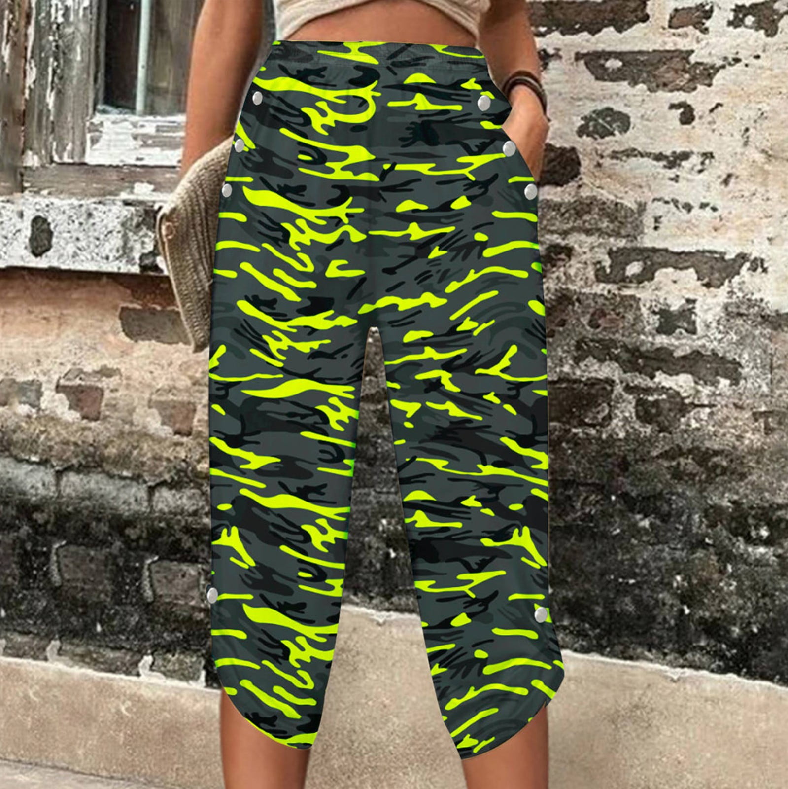 Sakmal Lounge Pants for Women Capri Pants Yellow Cropped Camouflage ...