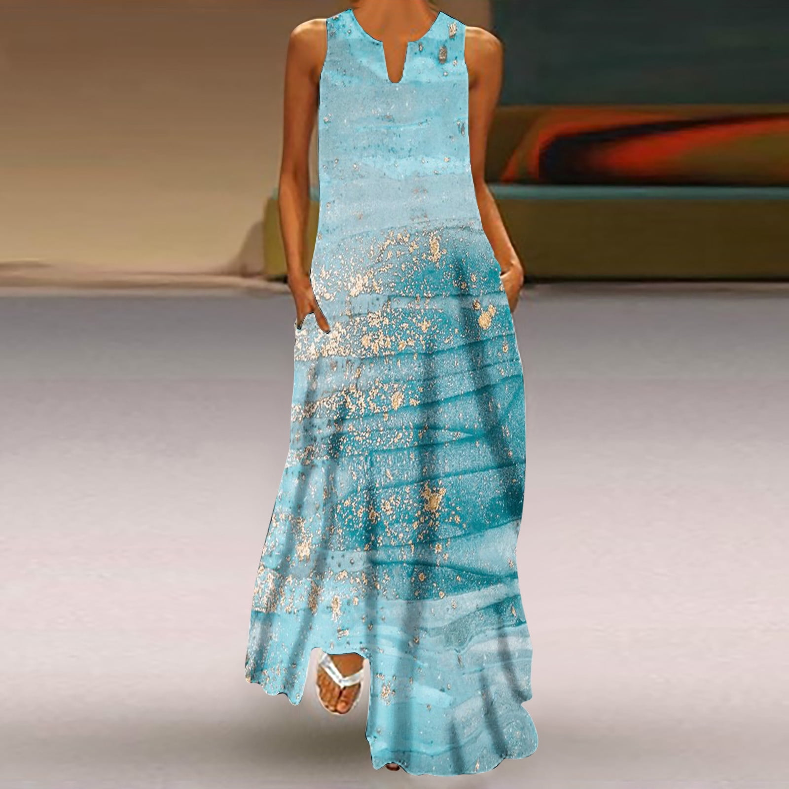 Sakmal Maxi Dresses for Women Blue Sun Dress Trendy Casual Sleeveless ...