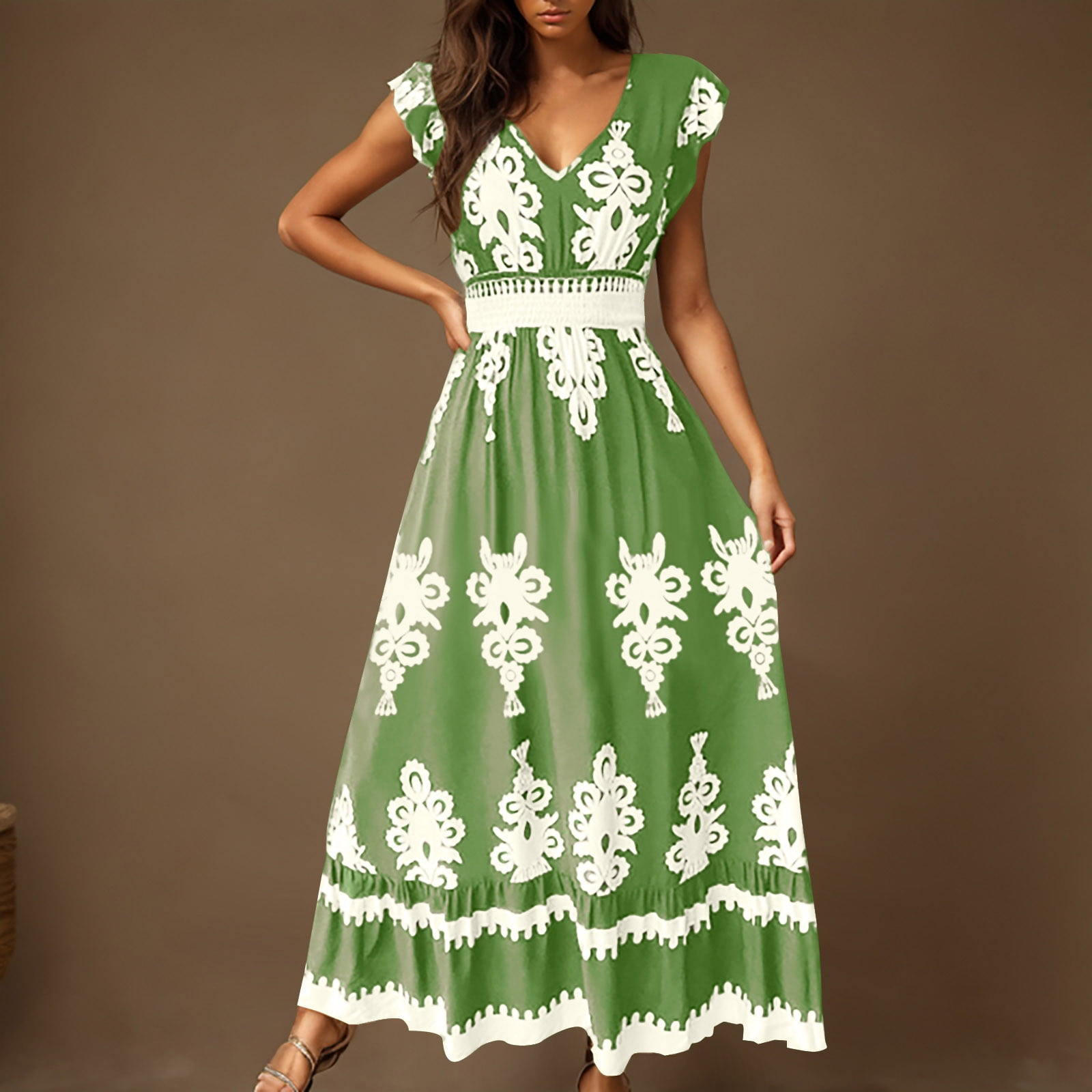 Sakmal Maxi Sundresses for Women Beach Green Boho Dress Short Sleeve V ...