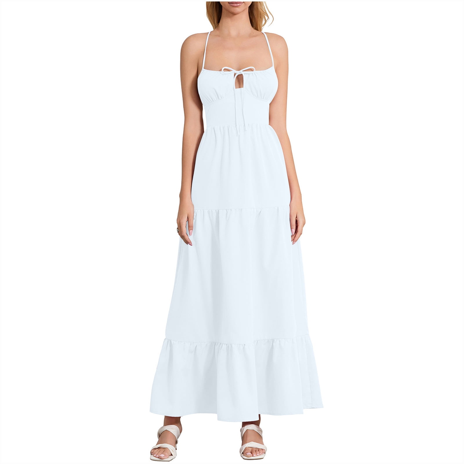 Sakmal Maxi Sundresses for Women Sundress Empire Waist White Cute Dress ...