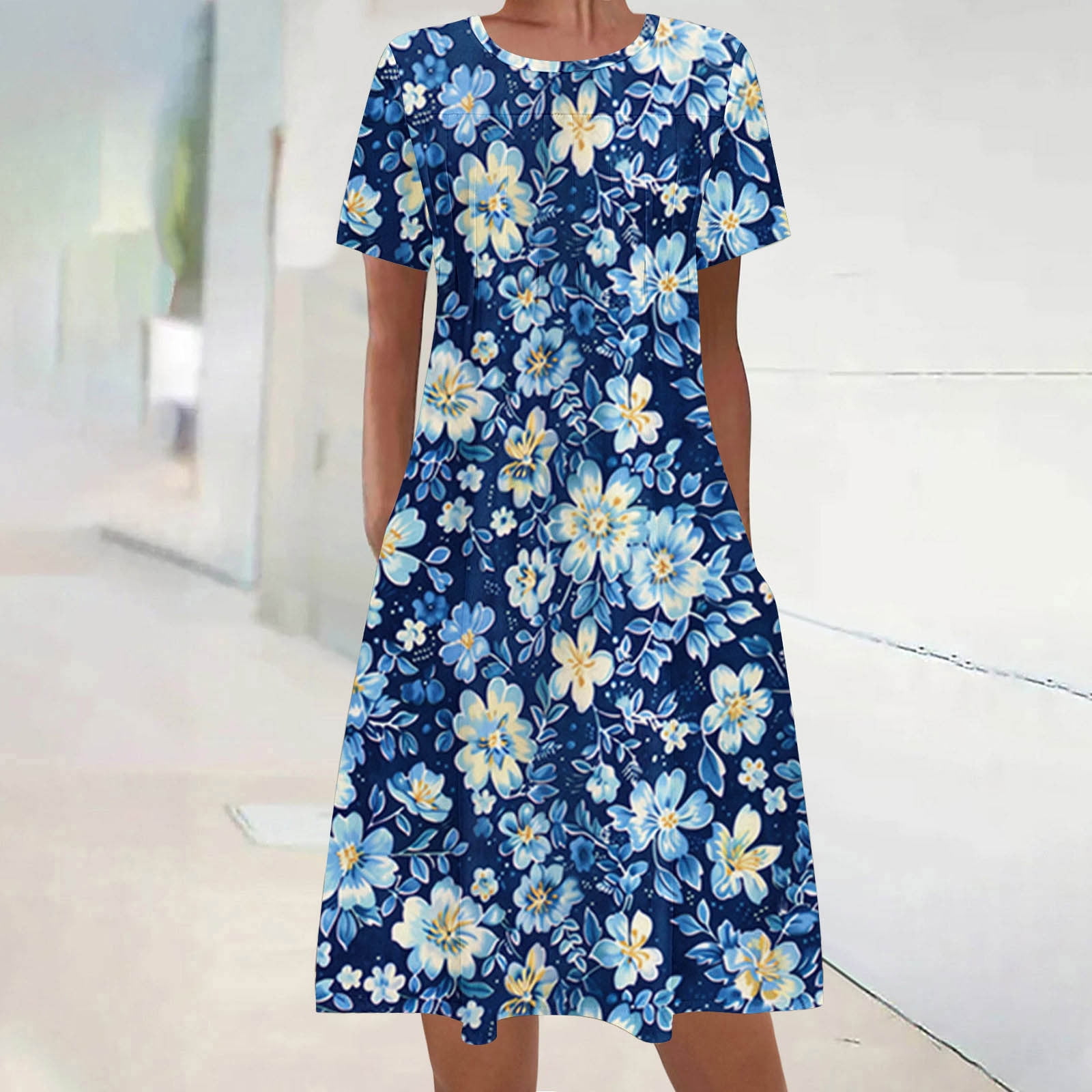 Sakmal Mid-Length Dresses for Women 2024 Blue Crew Neck Floral Basic ...